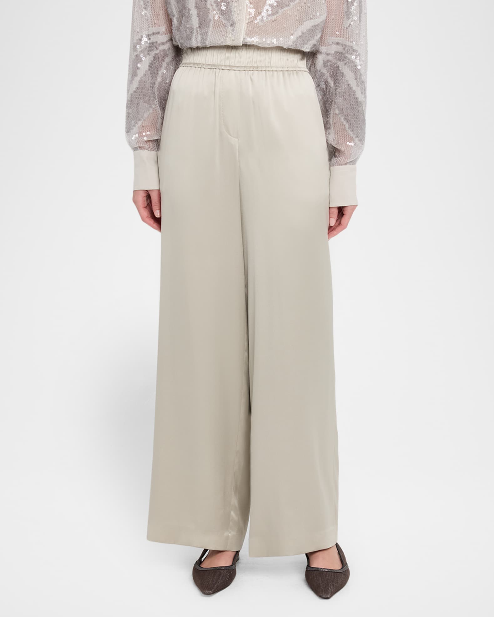 Brunello Cucinelli Stretch Silk Satin Track Trousers | Neiman Marcus