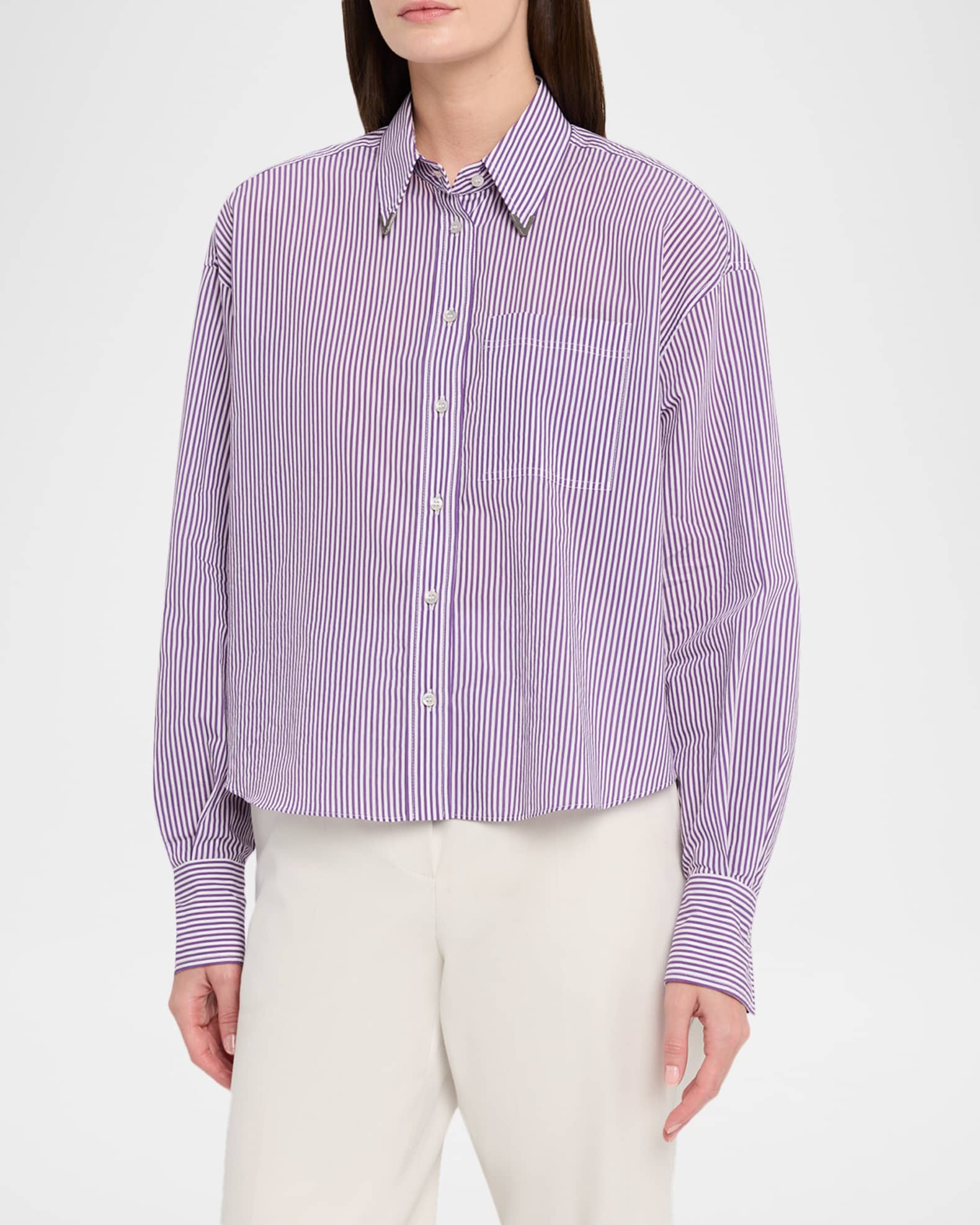 Brunello Cucinelli Techno Cotton Button-Front Top with Brass Trim ...