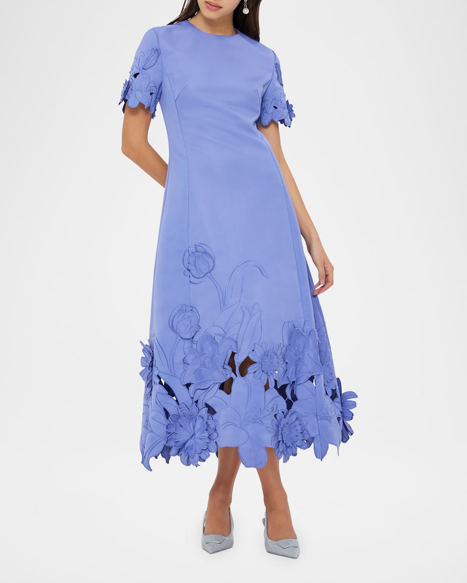LEO LIN Caroline Floral-Embroidered Cutout Midi Dress | Neiman Marcus