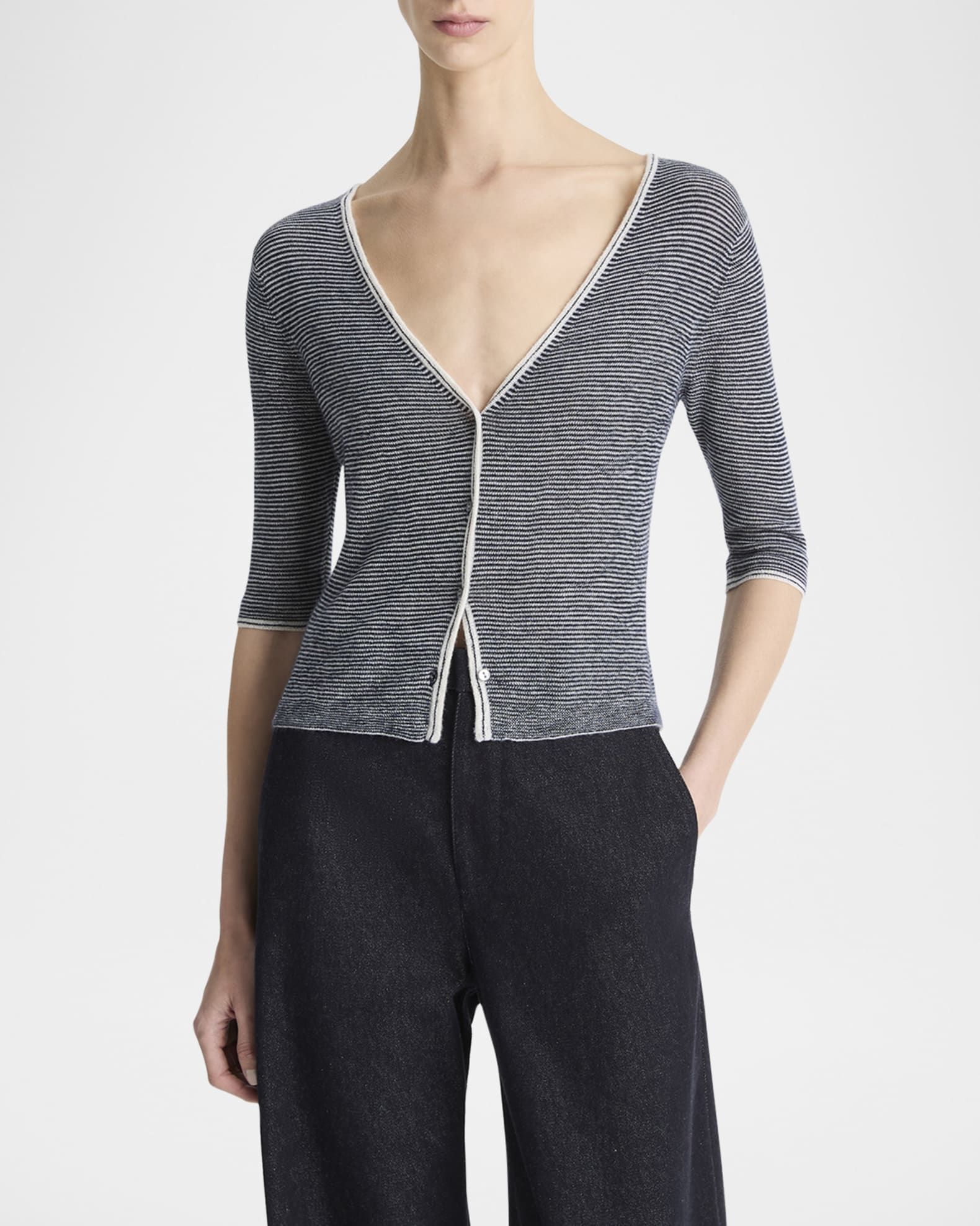 Vince Micro-Stripe V-Neck Cardigan | Neiman Marcus