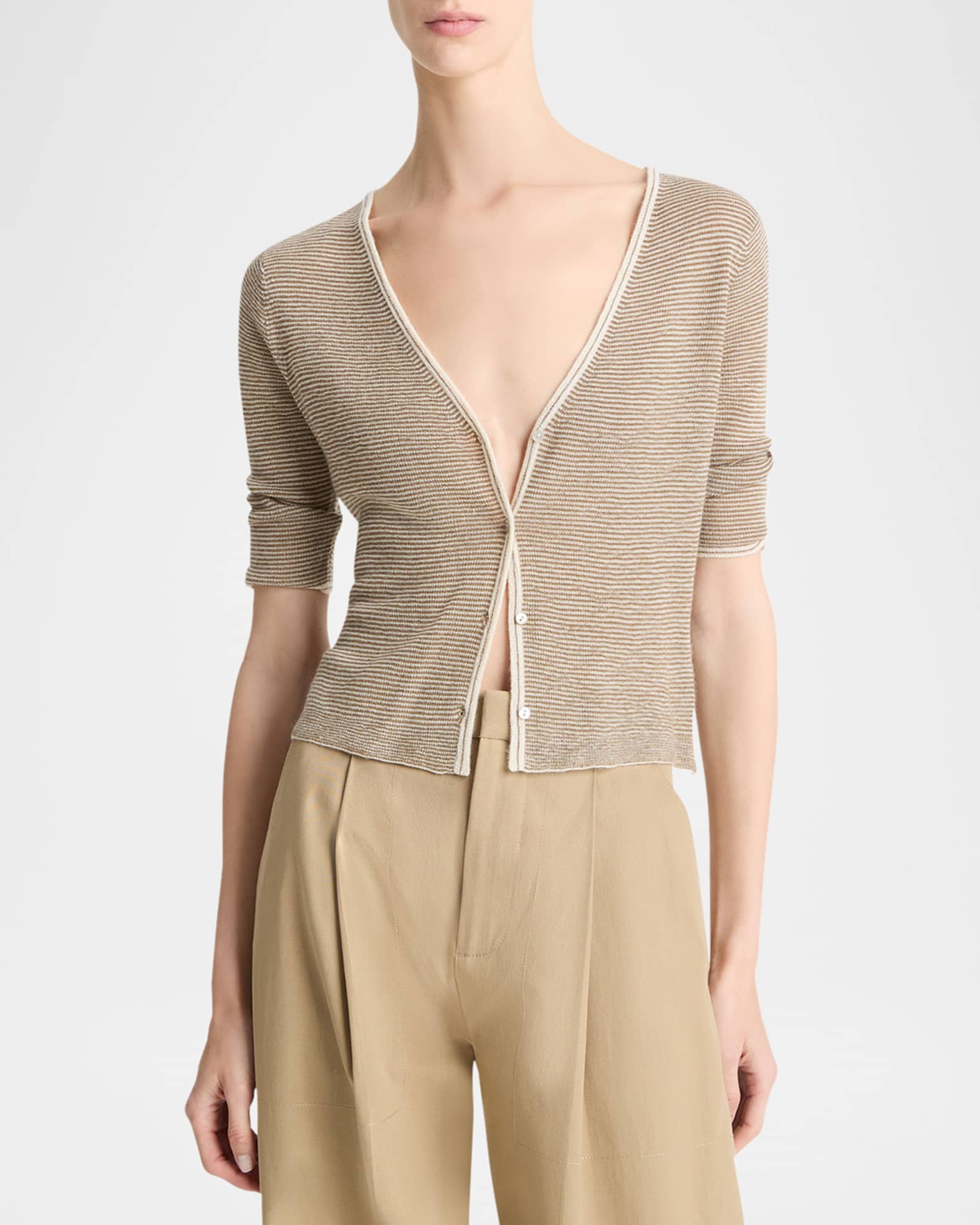 Micro-Stripe V-Neck Cardigan | Neiman Marcus