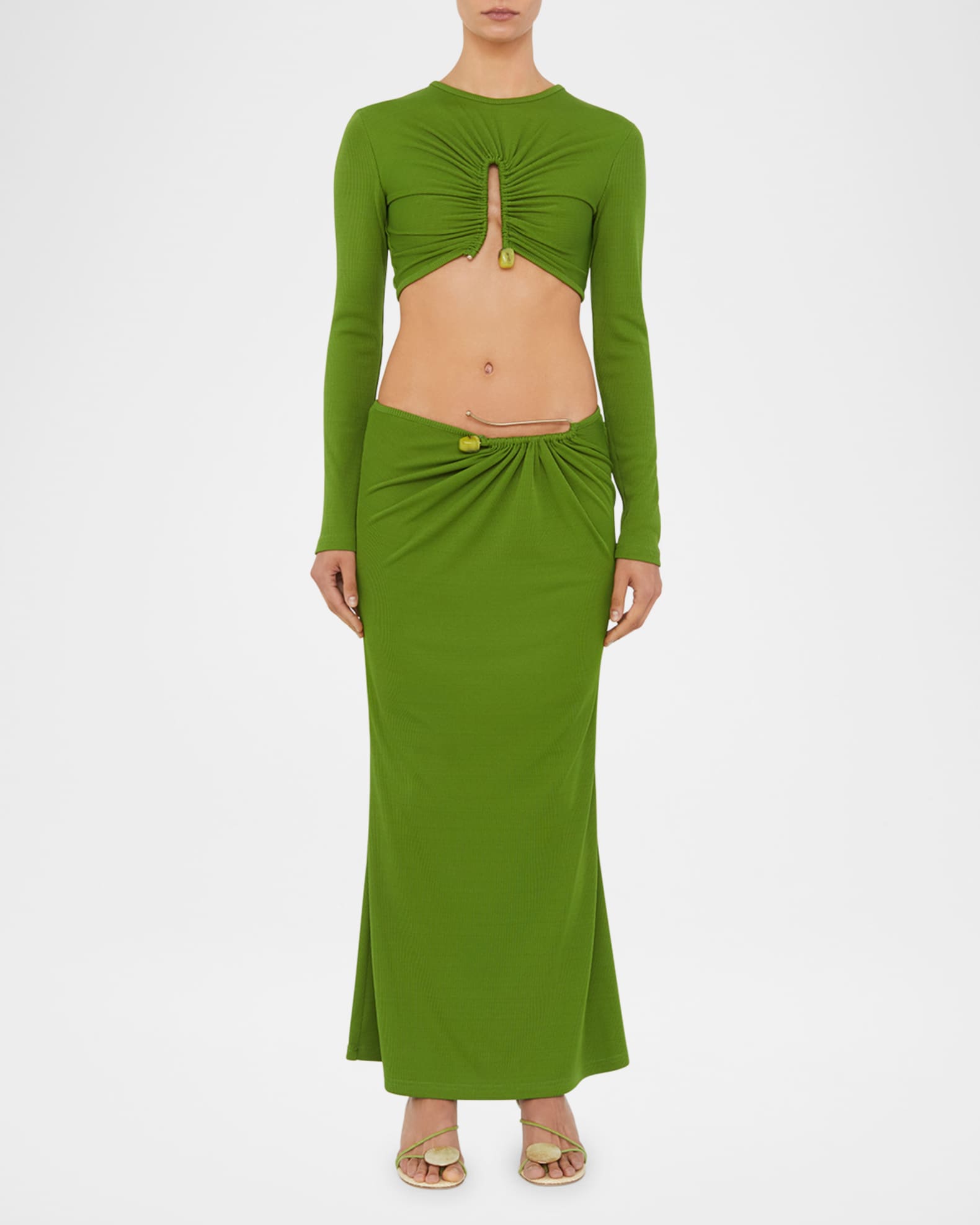 Christopher Esber Crystal Pin Long-Sleeve Rib Crop Top | Neiman Marcus