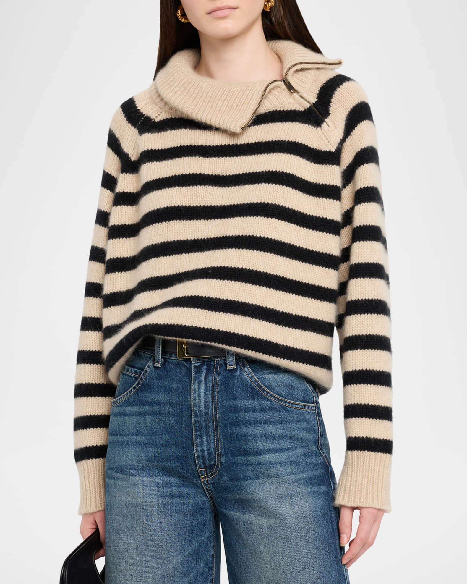 Nili Lotan Raelyn Striped Zip Turtleneck Cashmere Sweater | Neiman Marcus
