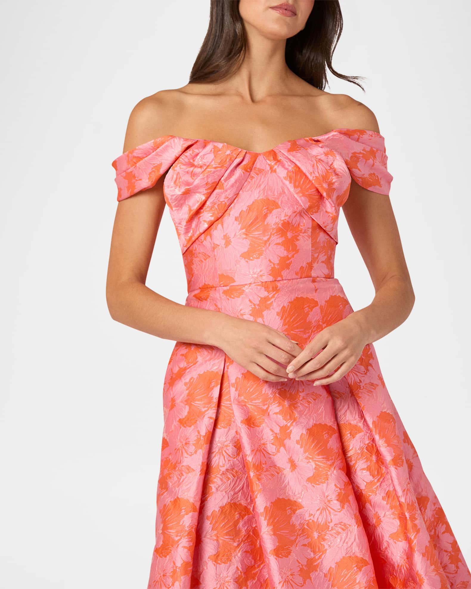 Shoshanna Tropez Off-Shoulder Floral Jacquard Midi Dress | Neiman Marcus