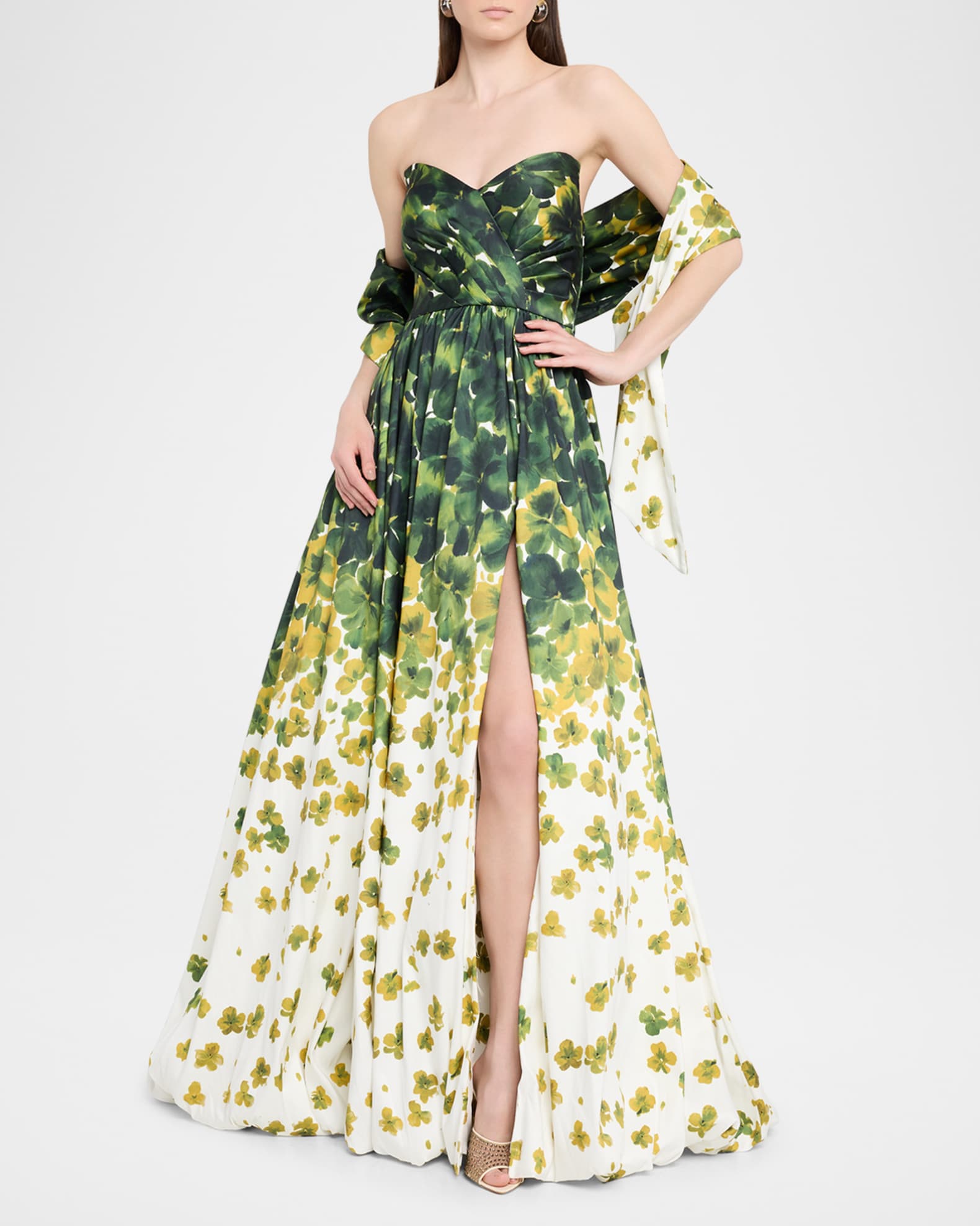 Jovani Strapless Floral-Print Ball Gown with Shawl | Neiman Marcus