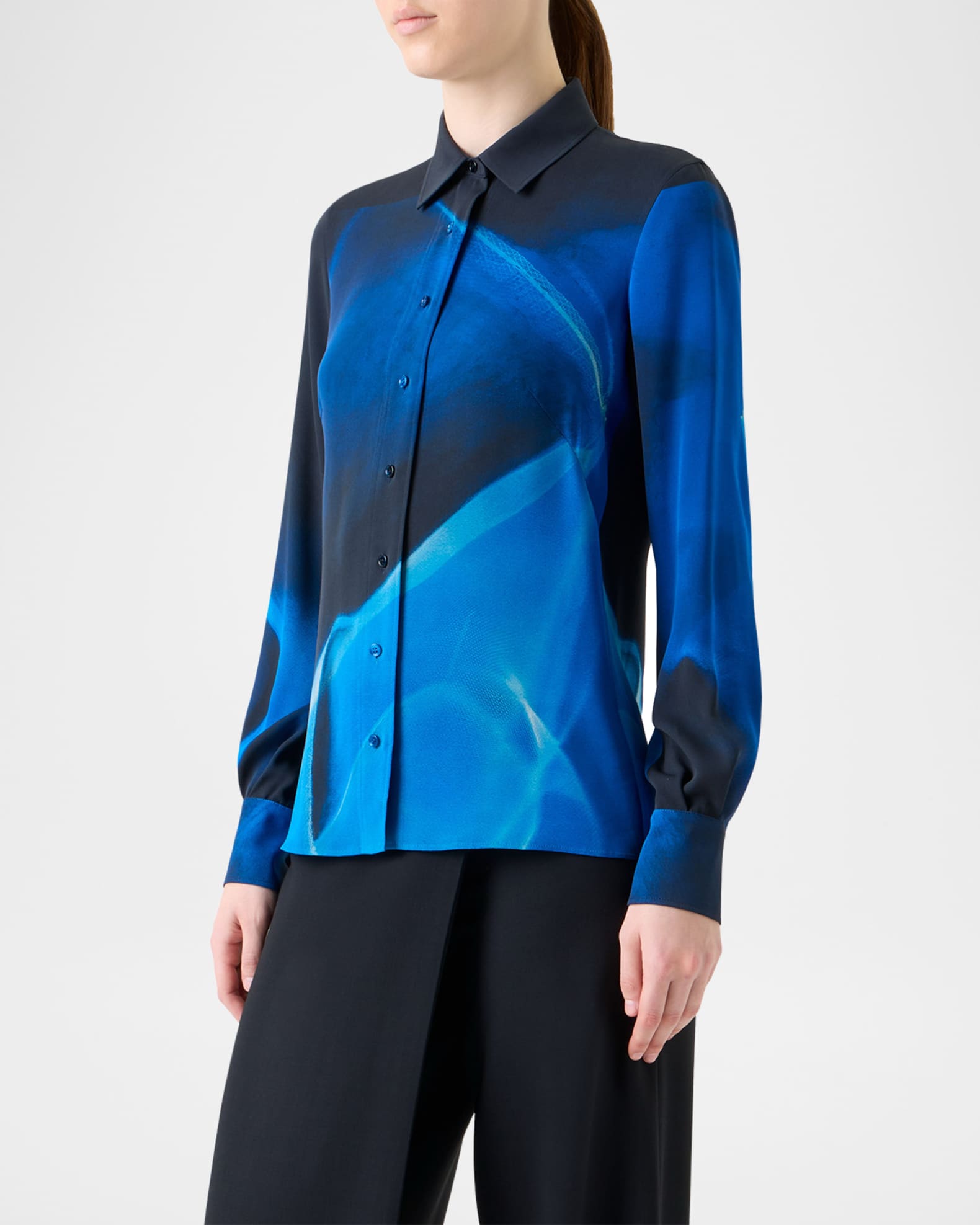 Akris Alysons Cyanotype Print Silk Button-Down Blouse | Neiman Marcus