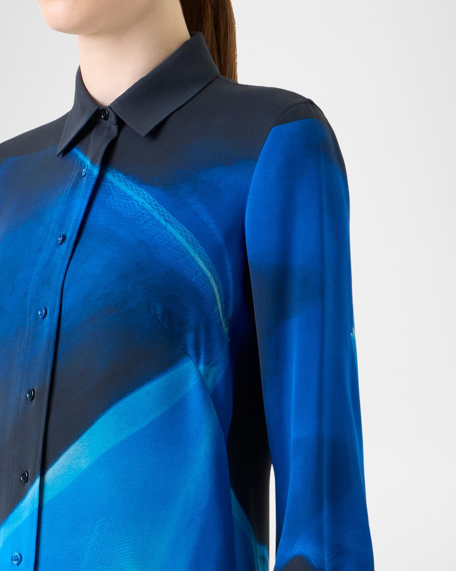 Akris Alysons Cyanotype Print Silk Button-Down Blouse | Neiman Marcus