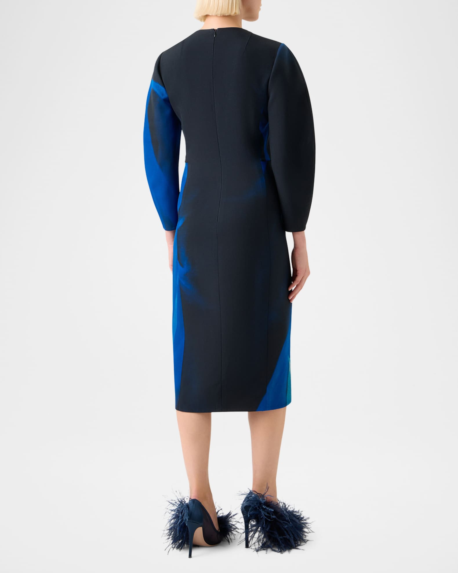 Akris Alysons Cyanotype-Print Voluminous Sleeve Midi Dress | Neiman Marcus