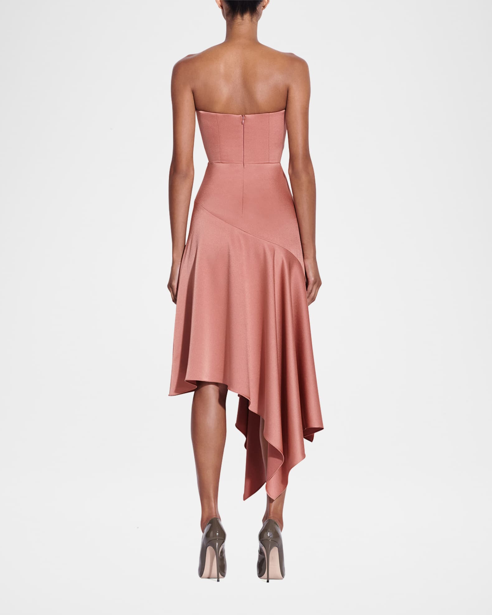 Alex Perry Strapless Asymmetric Satin Crepe Midi Dress | Neiman Marcus