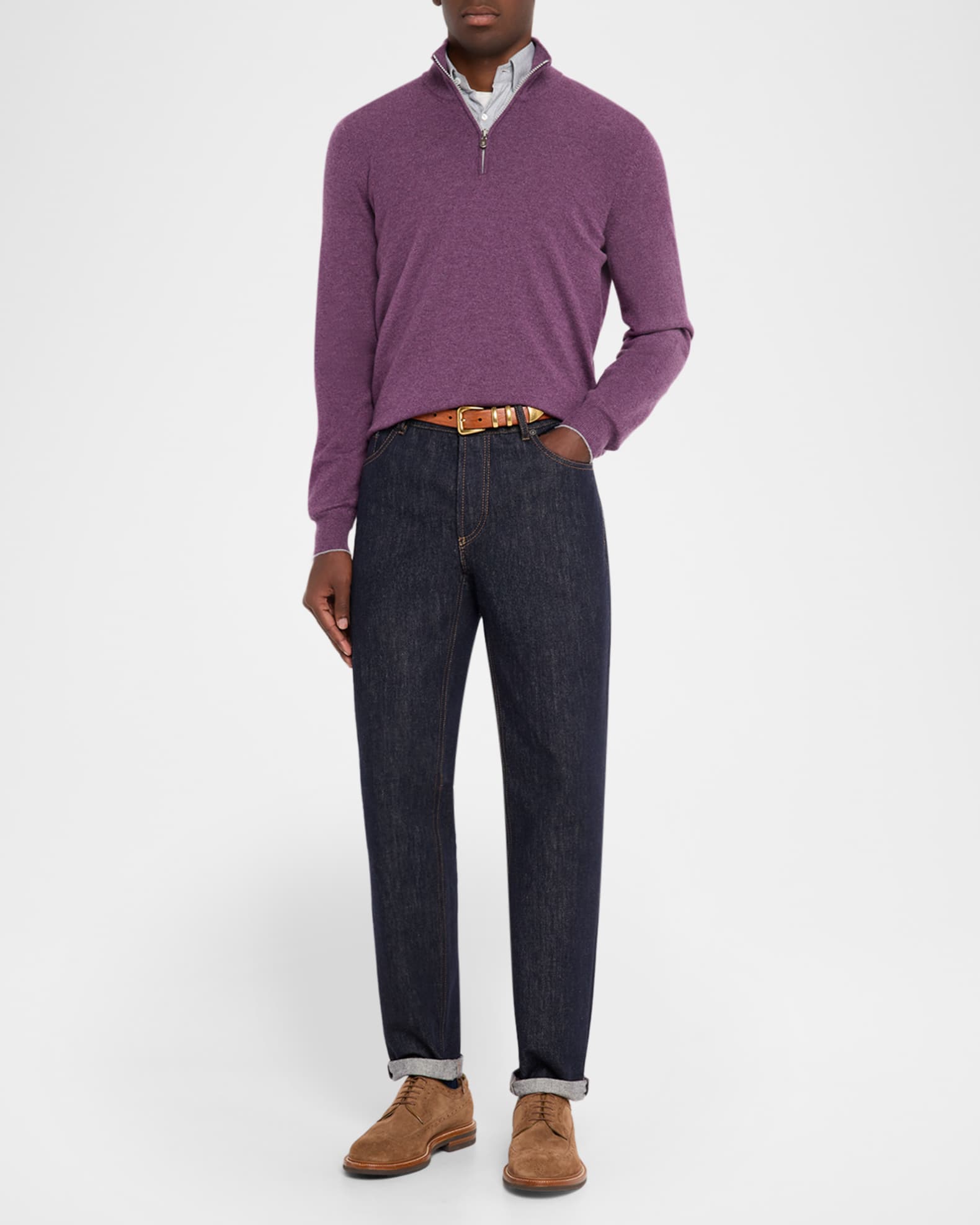 Brunello Cucinelli Men's Micro-Chevron Button-Collar Sport Shirt | Neiman Marcus