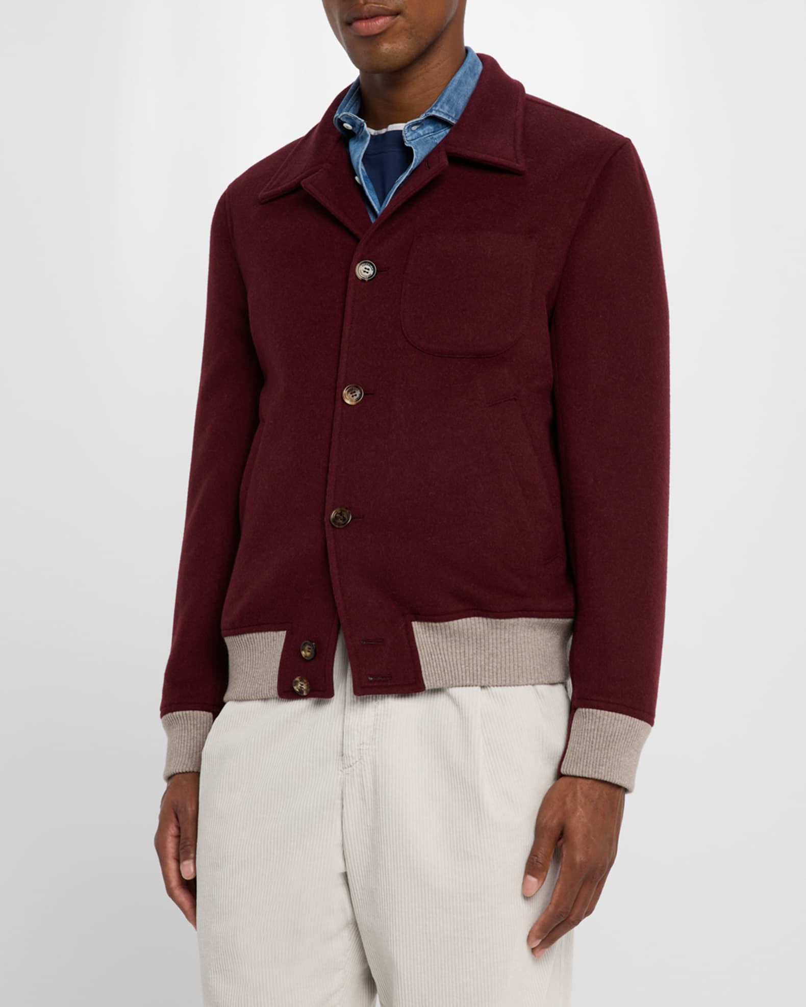 Brunello Cucinelli Men's Wool Button-Front Bomber Jacket | Neiman Marcus