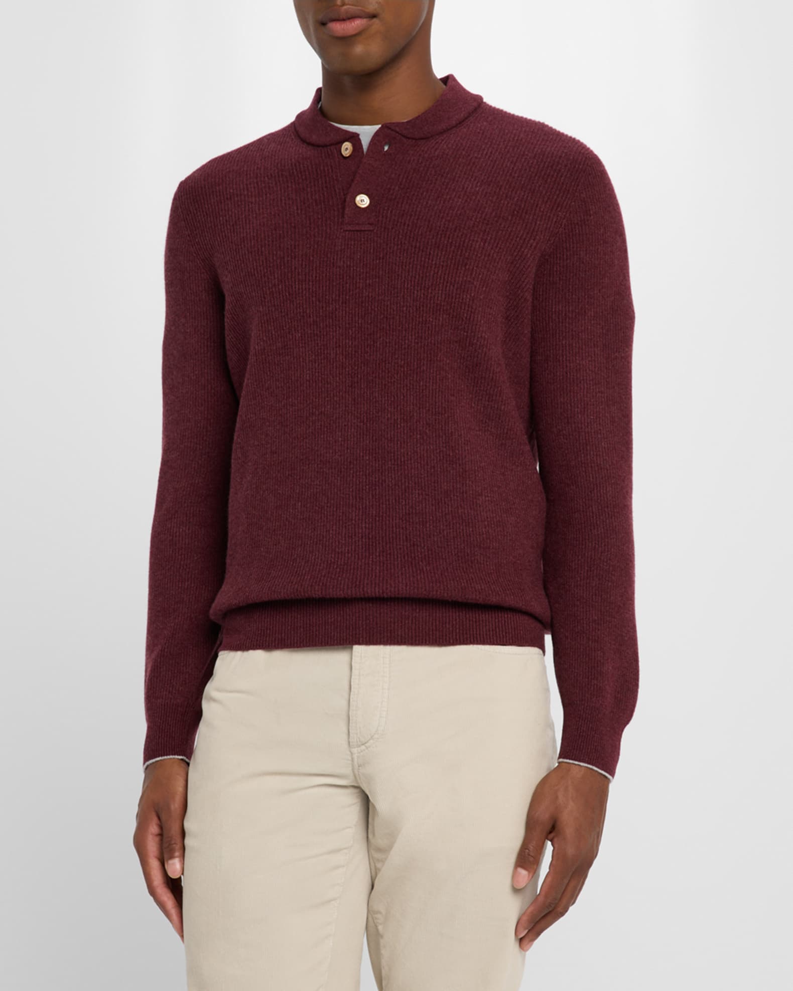 Brunello Cucinelli Men's Ribbed Cashmere Henley Sweater | Neiman Marcus