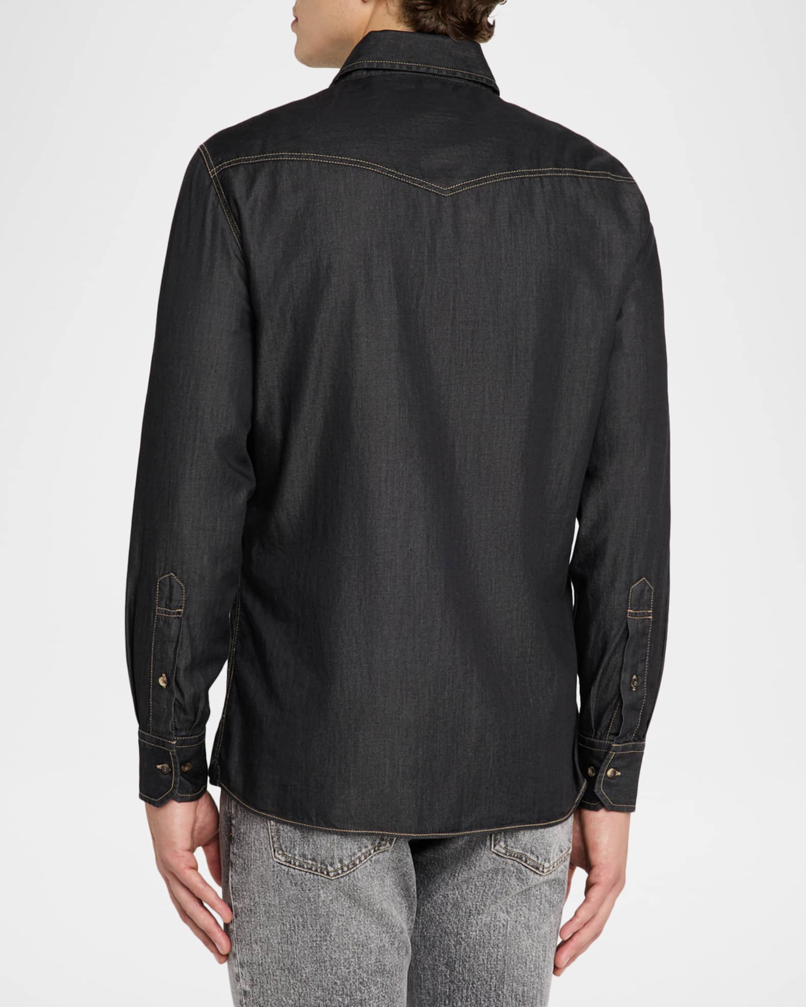Brunello Cucinelli Mens Lightweight Denim Western Shirt | Neiman Marcus
