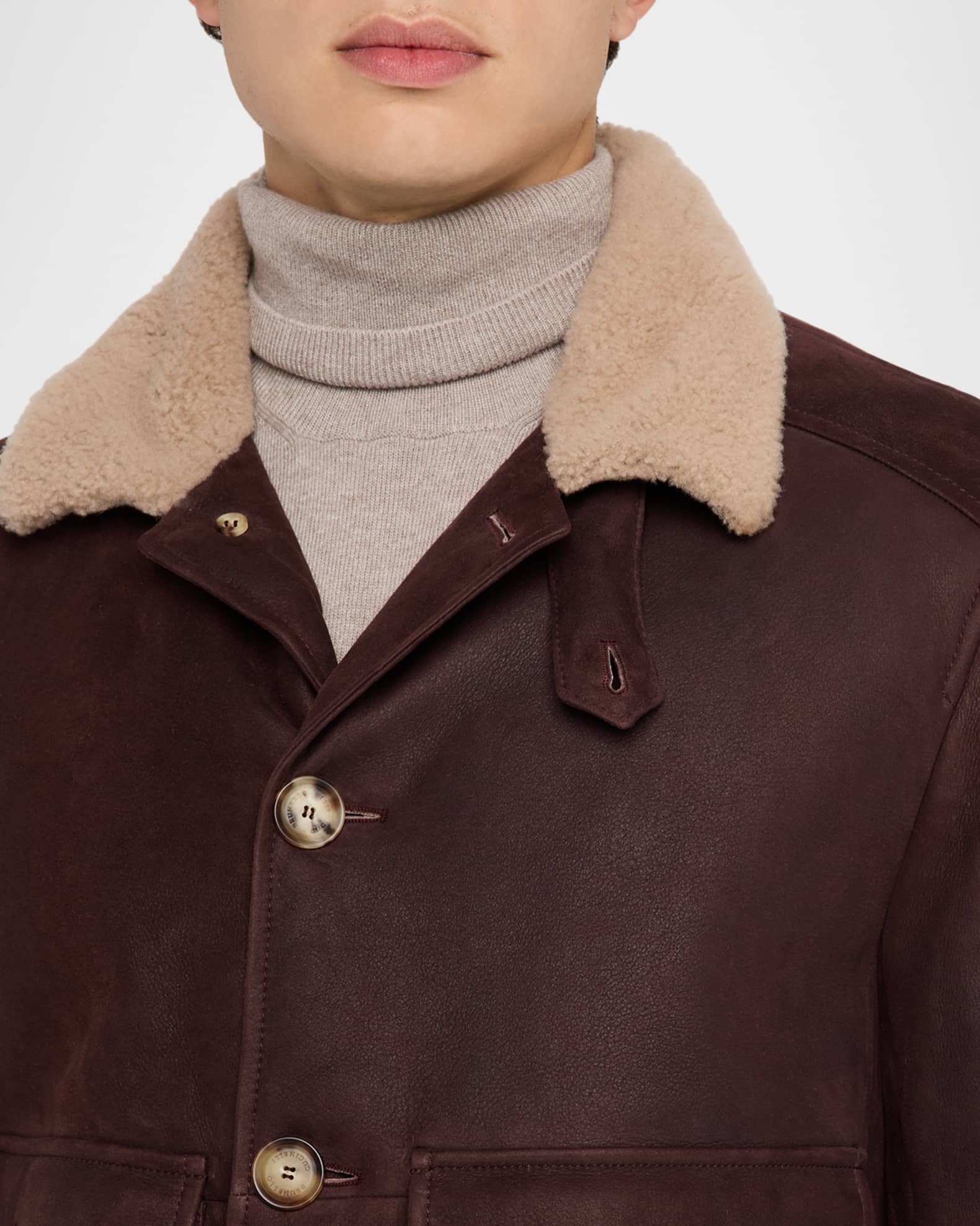 Brunello Cucinelli Men's Distressed Suede Shearling-Collar Bomber Jacket | Neiman Marcus