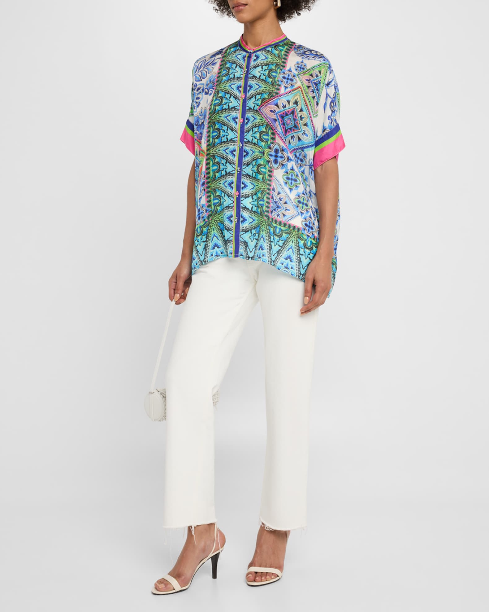 Johnny Was Shiro Floral-Print Silk Shirt | Neiman Marcus