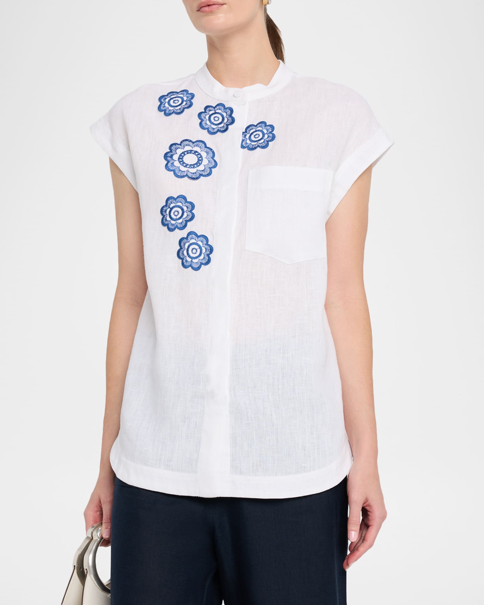 Silvia Tcherassi Adele Flower Embroidered Cap-Sleeve Linen Blouse | Neiman Marcus
