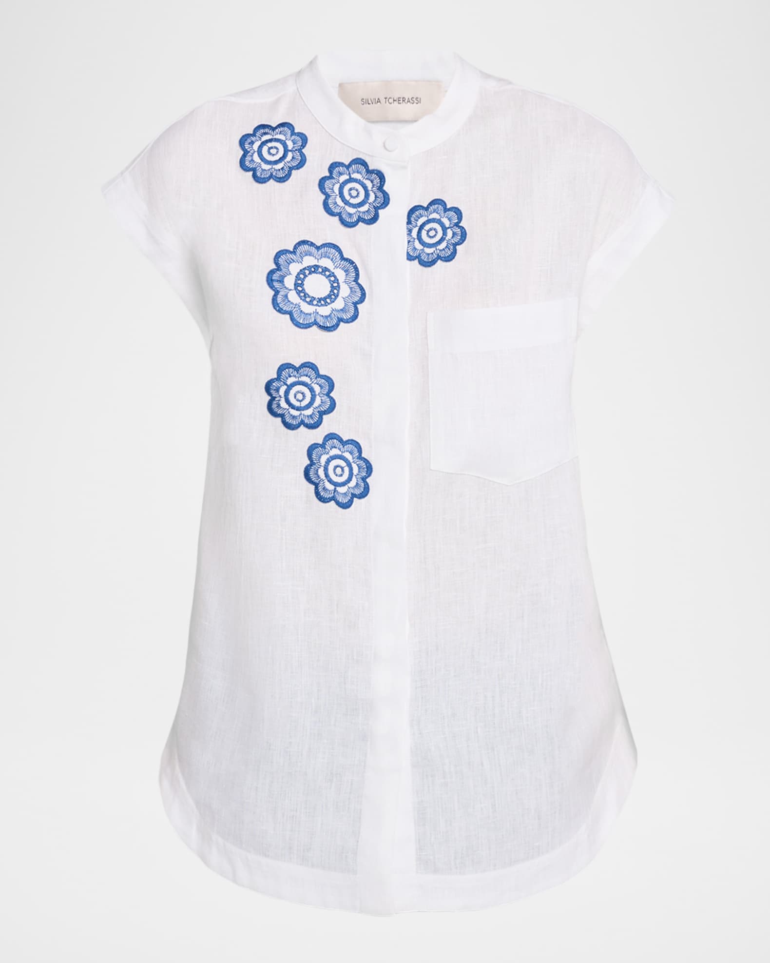 Silvia Tcherassi Adele Flower Embroidered Cap-Sleeve Linen Blouse | Neiman Marcus