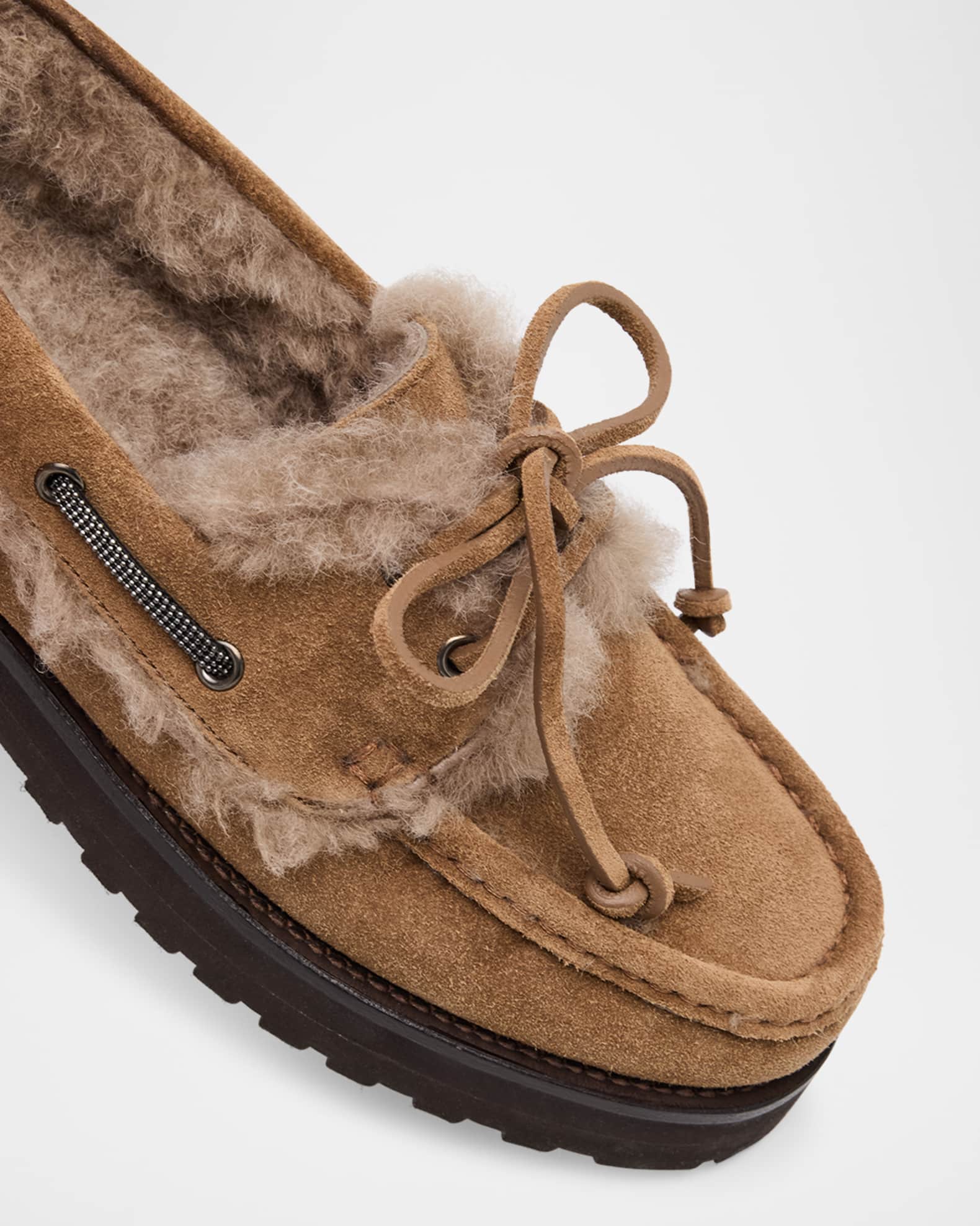 Brunello Cucinelli Monili Detail Shearling-Lined Suede Boat Shoes ...