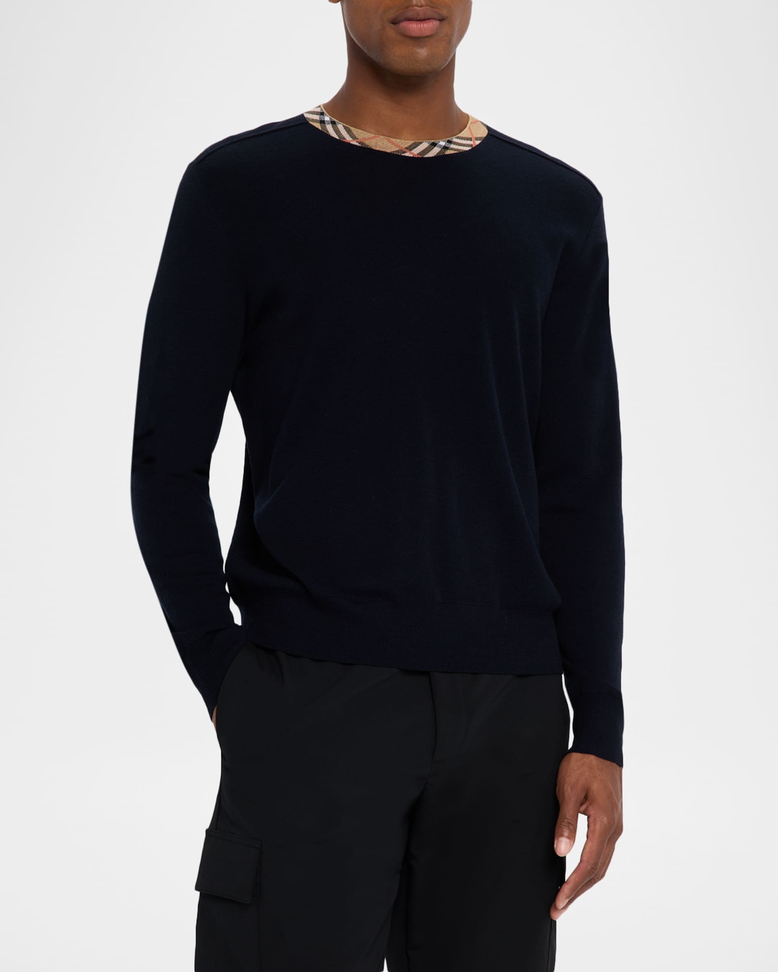 Burberry Men's Wool Knit Check-Trim Crewneck Sweater | Neiman Marcus