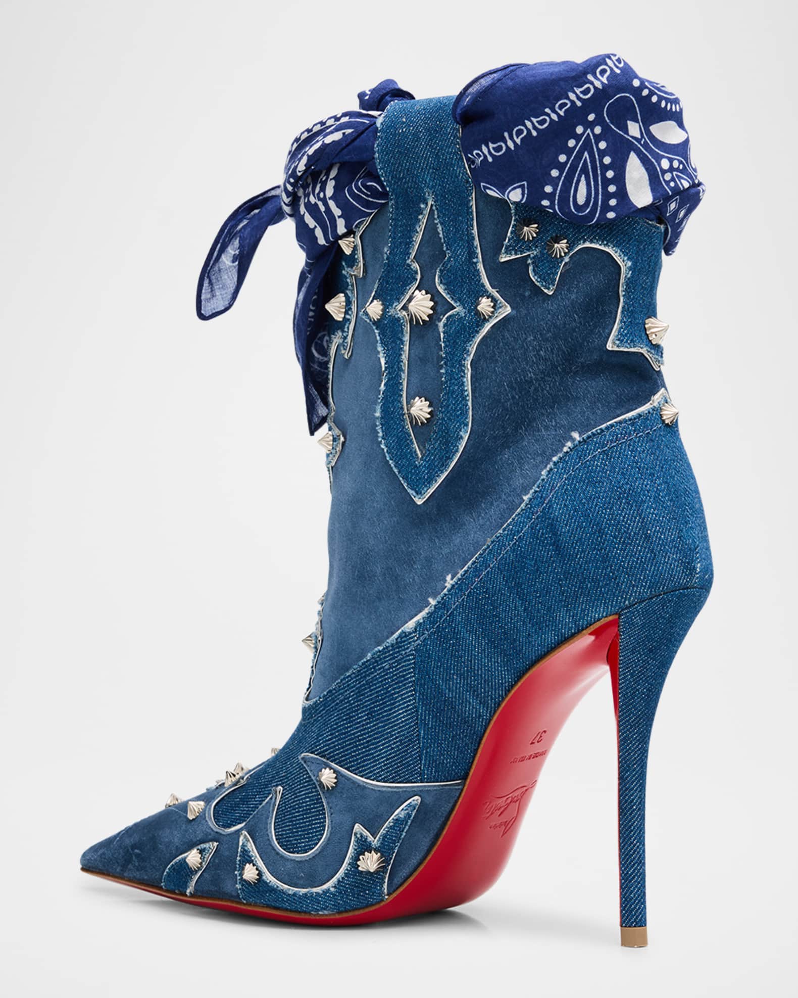 Christian Louboutin 100mm Bootyiag Denim and Suede Bandana Western ...