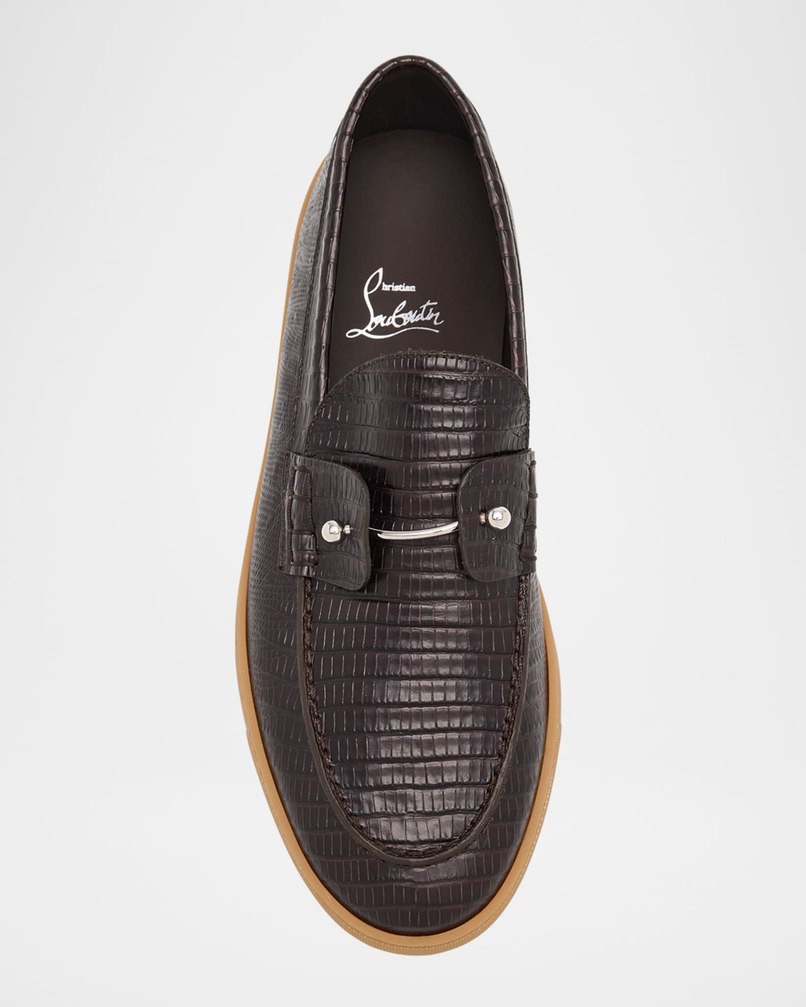 Christian Louboutin Men's Chambeliboat Silver Pin Lizard-Effect Loafers ...