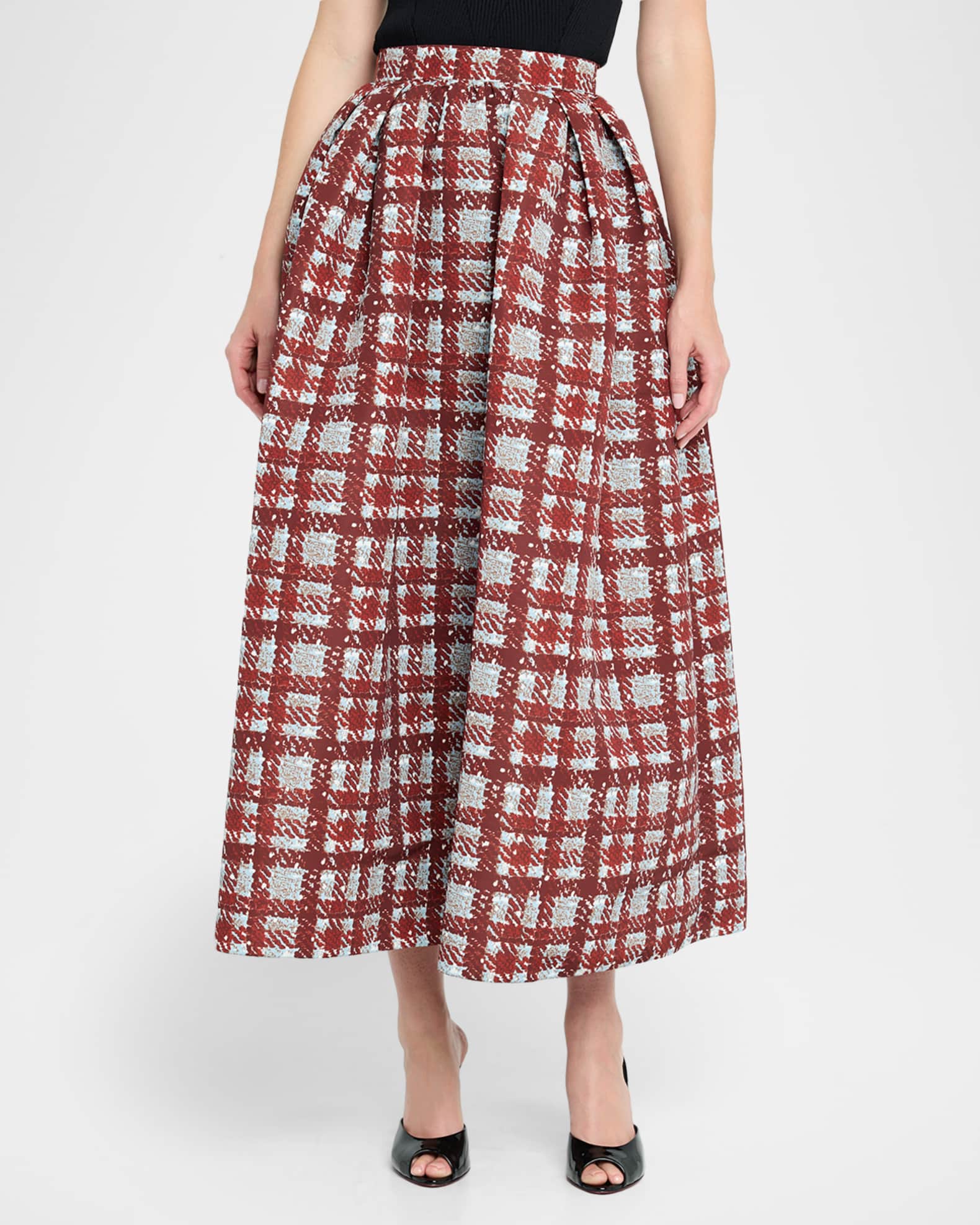 Oscar de la Renta Textured Plaid-Print Pleated Midi Circle Skirt ...