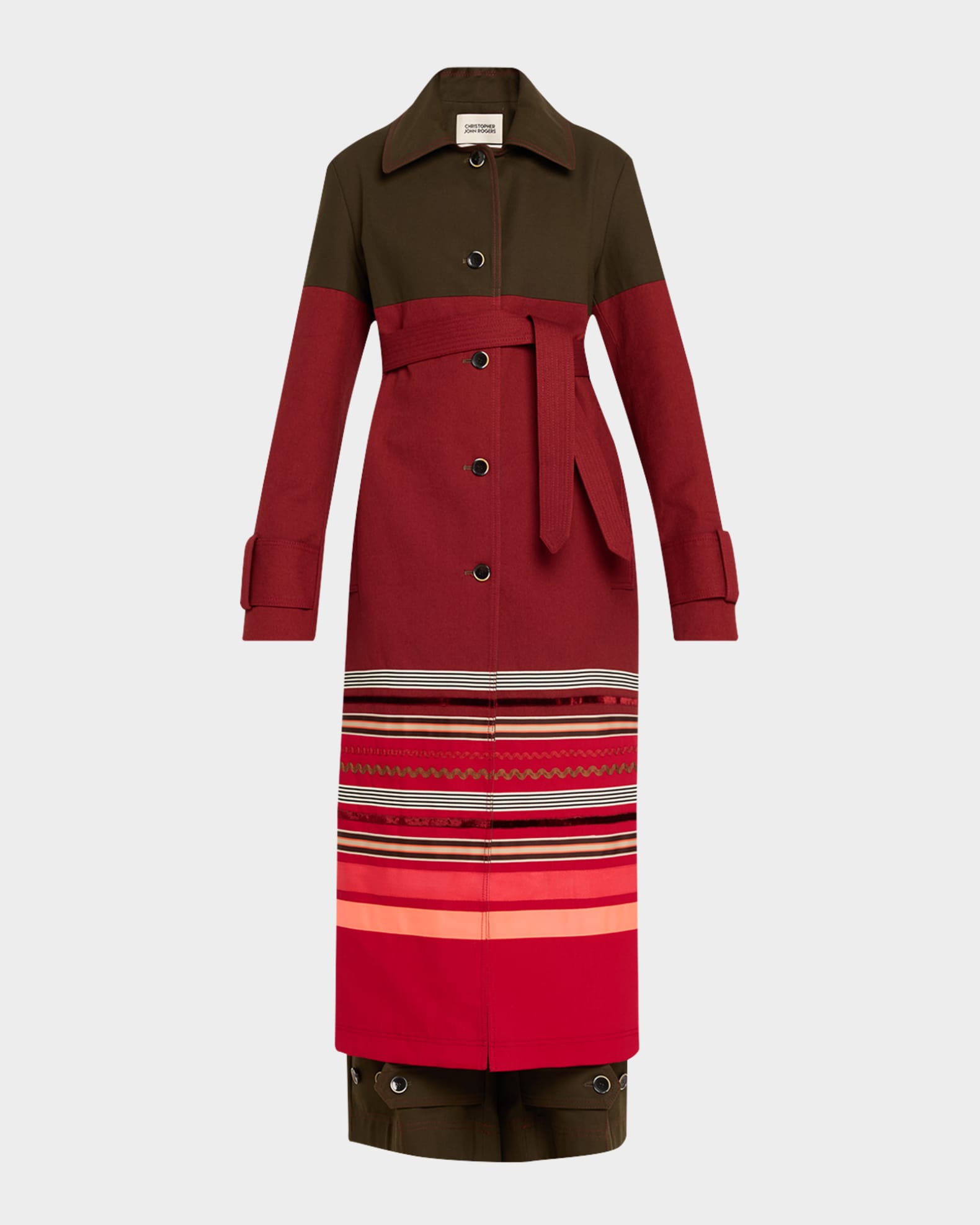 CHRISTOPHER JOHN ROGERS Embroidered Stripe Belted Long Trench Coat ...