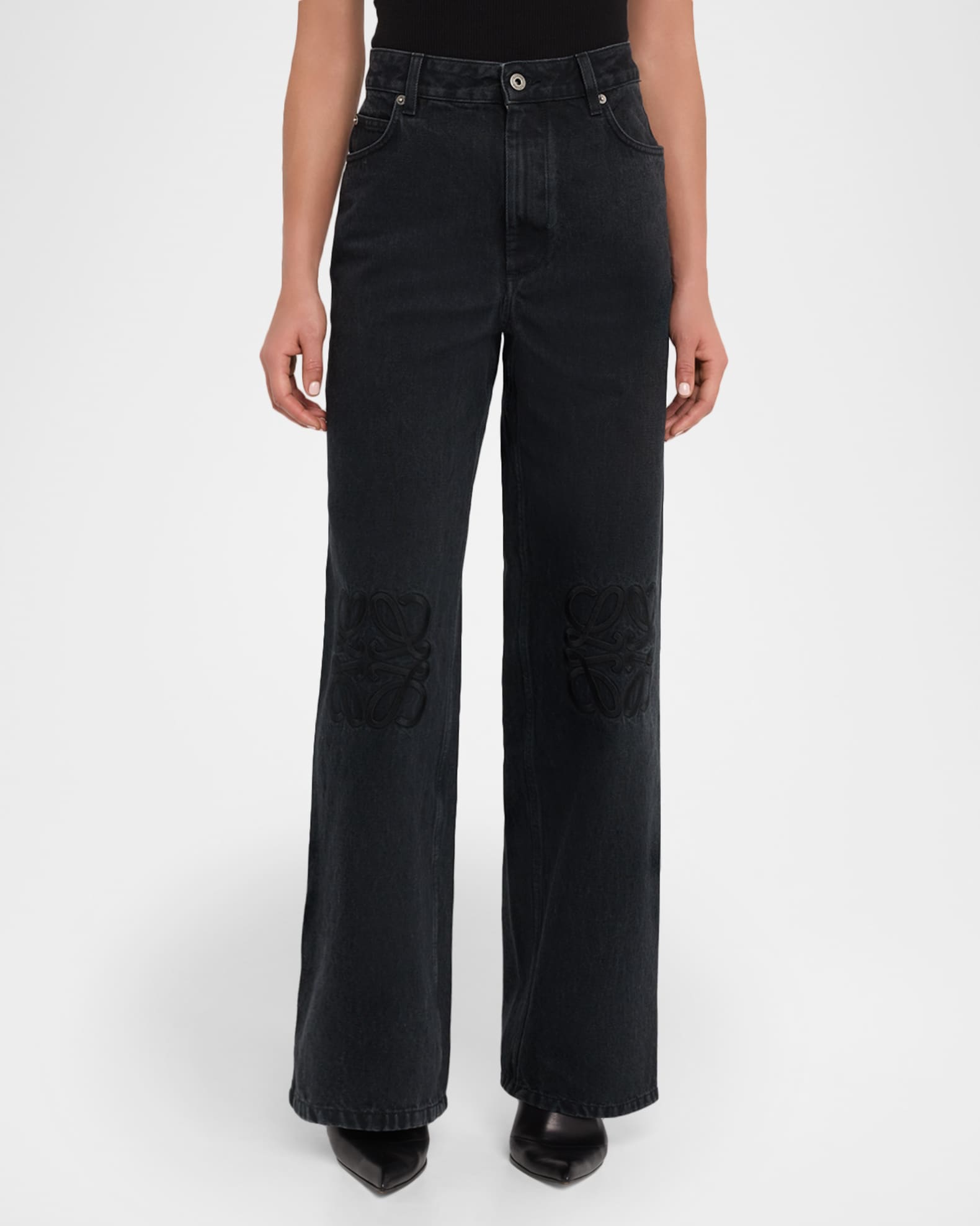Loewe Tonal Anagram Baggy Wide-Leg Jeans | Neiman Marcus