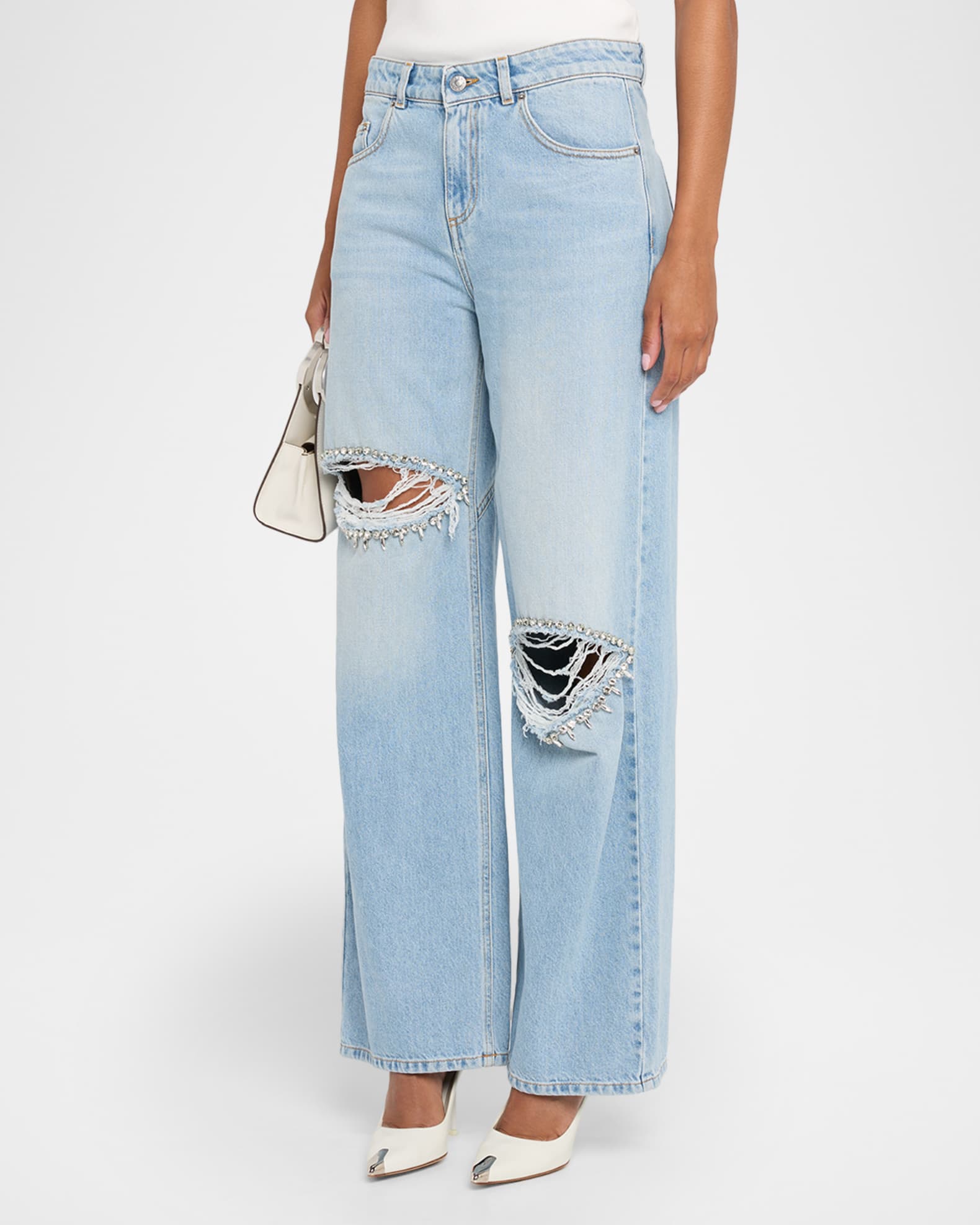 AREA Crystal Distressed Slit Wide-Leg Jeans | Neiman Marcus