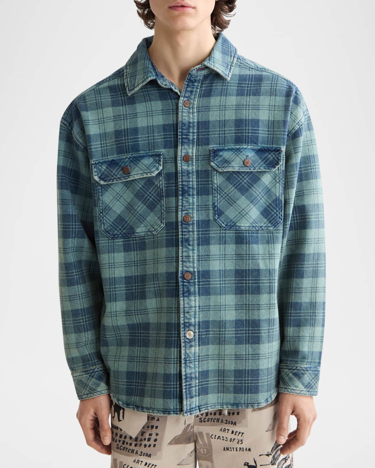 Scotch & Soda Men's Check Washed Denim Overshirt | Neiman Marcus