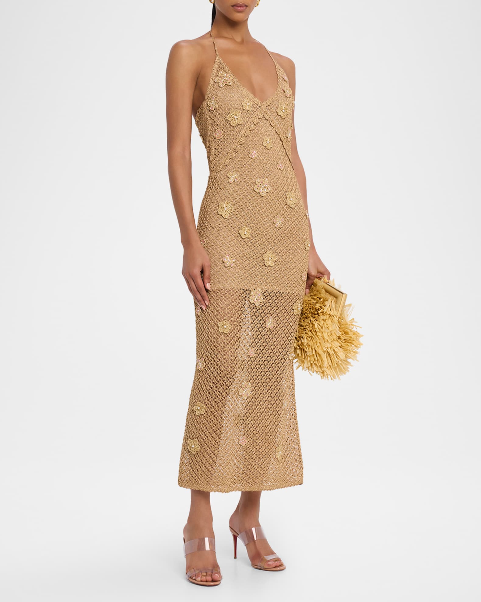 LoveShackFancy Vreya Metallic Crochet Halter Dress | Neiman Marcus