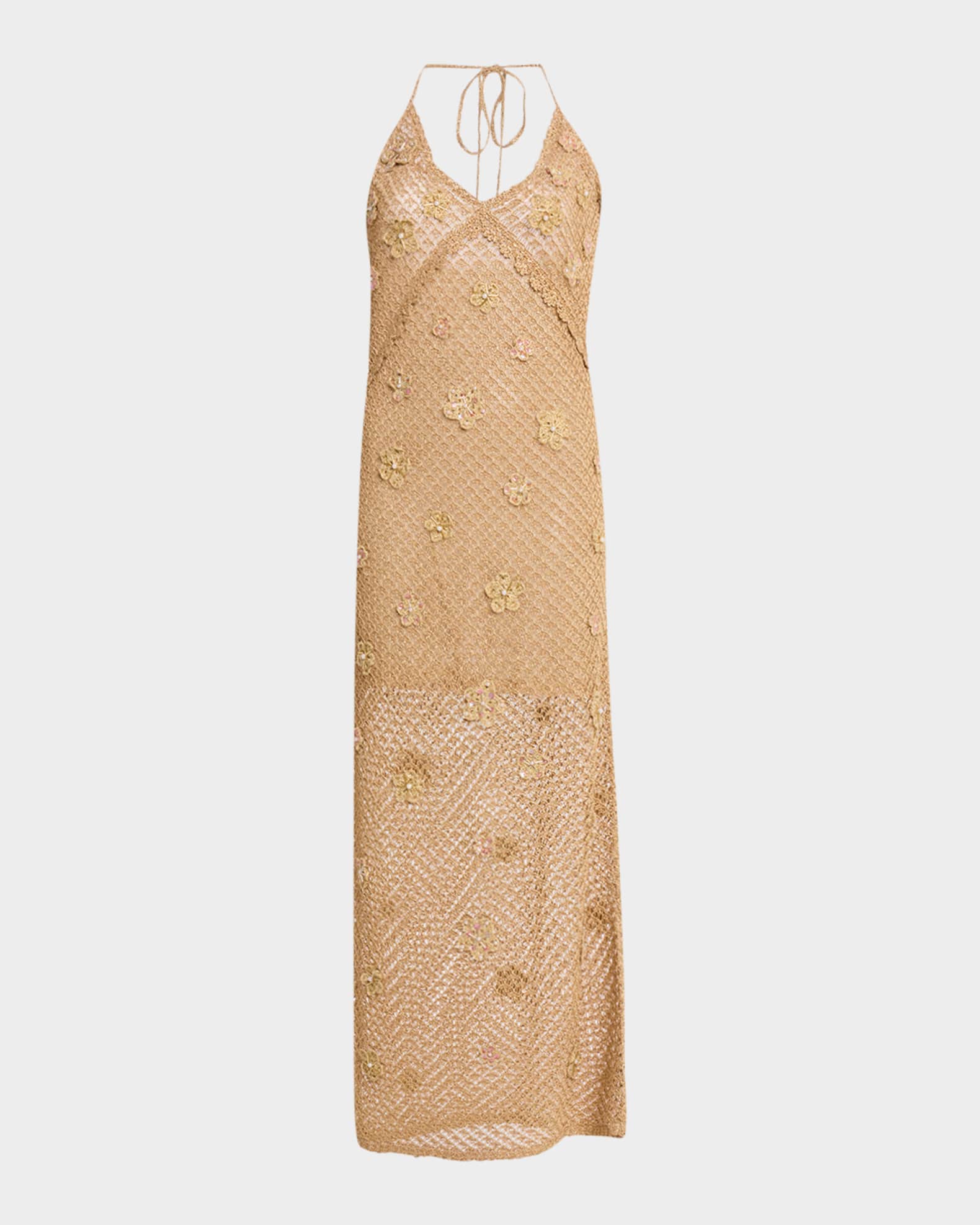 LoveShackFancy Vreya Metallic Crochet Halter Dress | Neiman Marcus