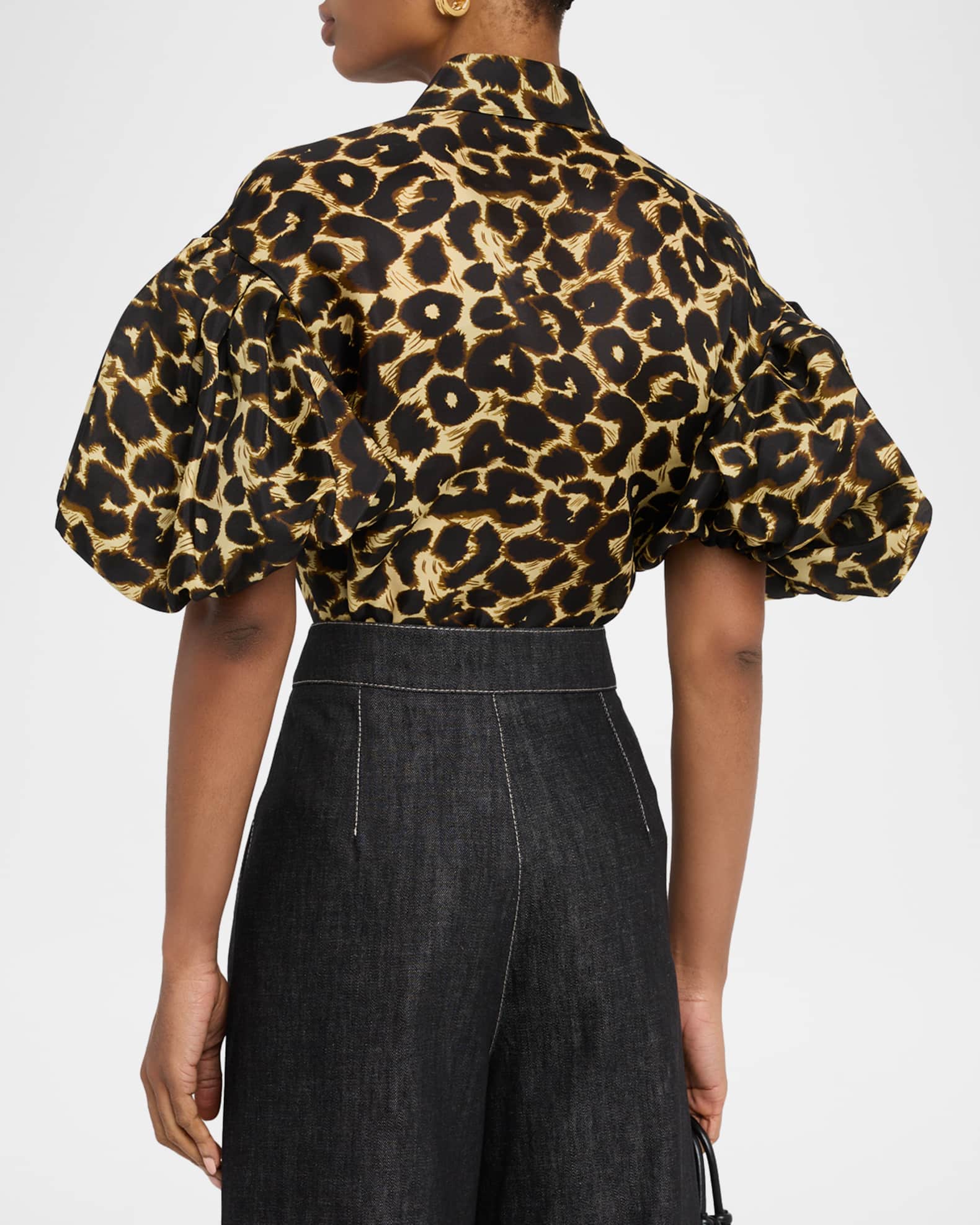 Dice Kayek Leopard-Print Puff-Sleeve Button-Down Shirt | Neiman Marcus