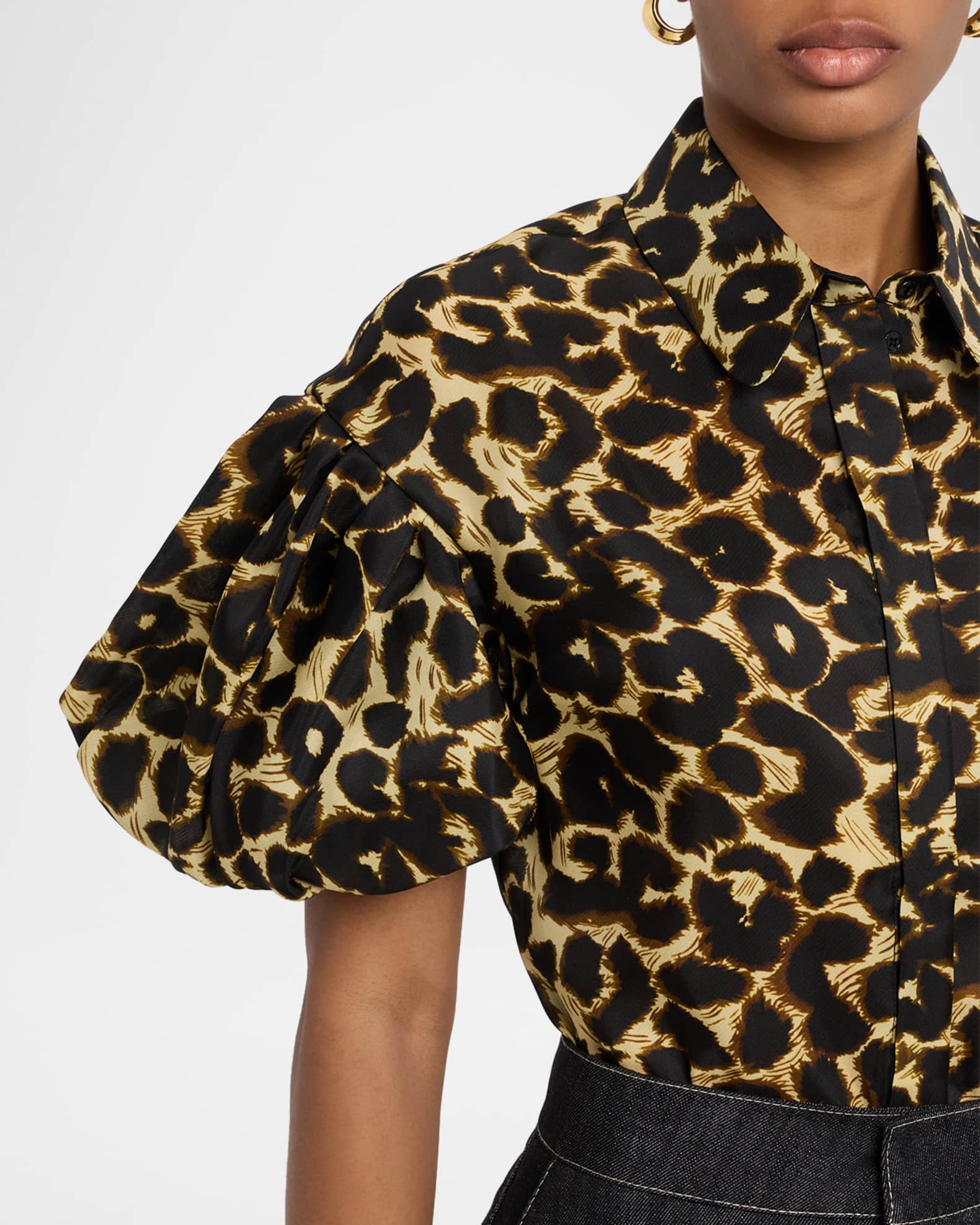 Dice Kayek Leopard-Print Puff-Sleeve Button-Down Shirt | Neiman Marcus