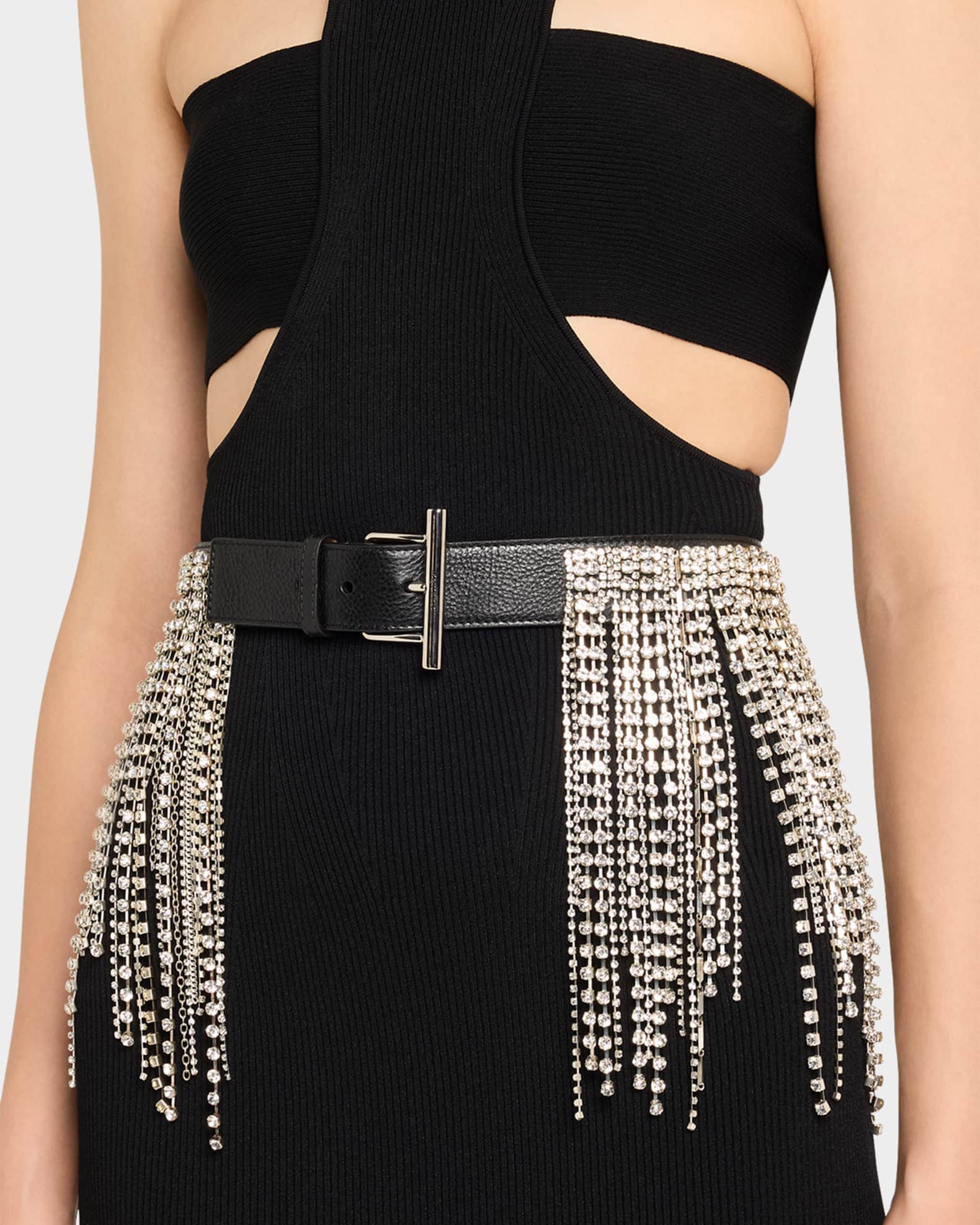 McQueen T-Bar Crystal Fringe Leather Belt | Neiman Marcus