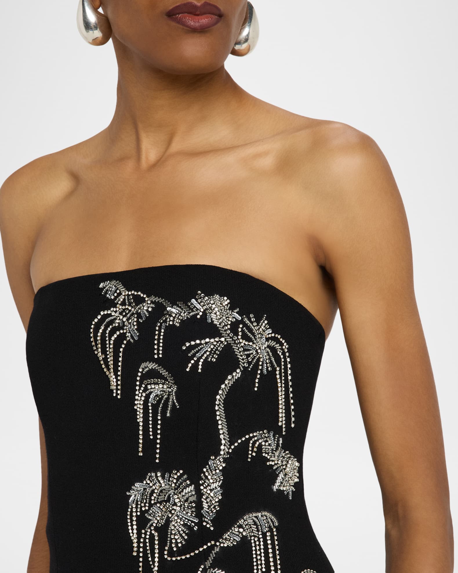 Lela Rose Strapless Crystal Fringe Sheath Midi Dress | Neiman Marcus