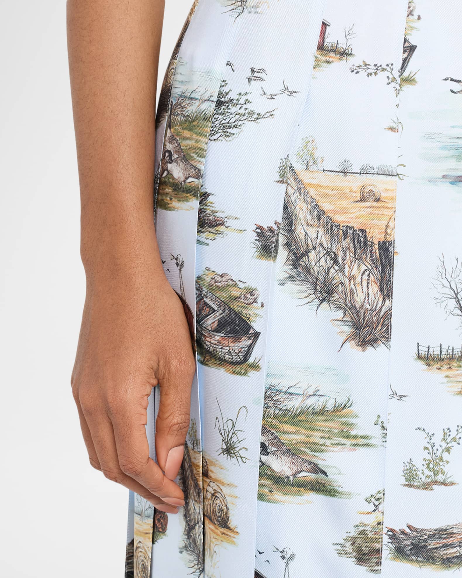 Thom Browne Scenic Toile Silk Twill Pleated Midi Skirt | Neiman Marcus