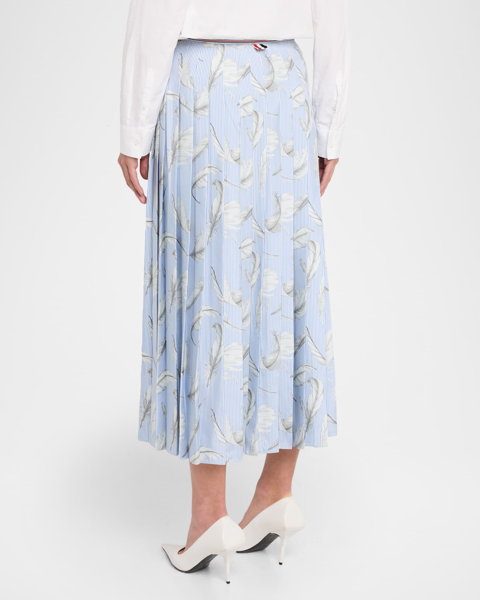 Thom Browne Feather-Print Silk Twill Pleated Midi Skirt | Neiman Marcus