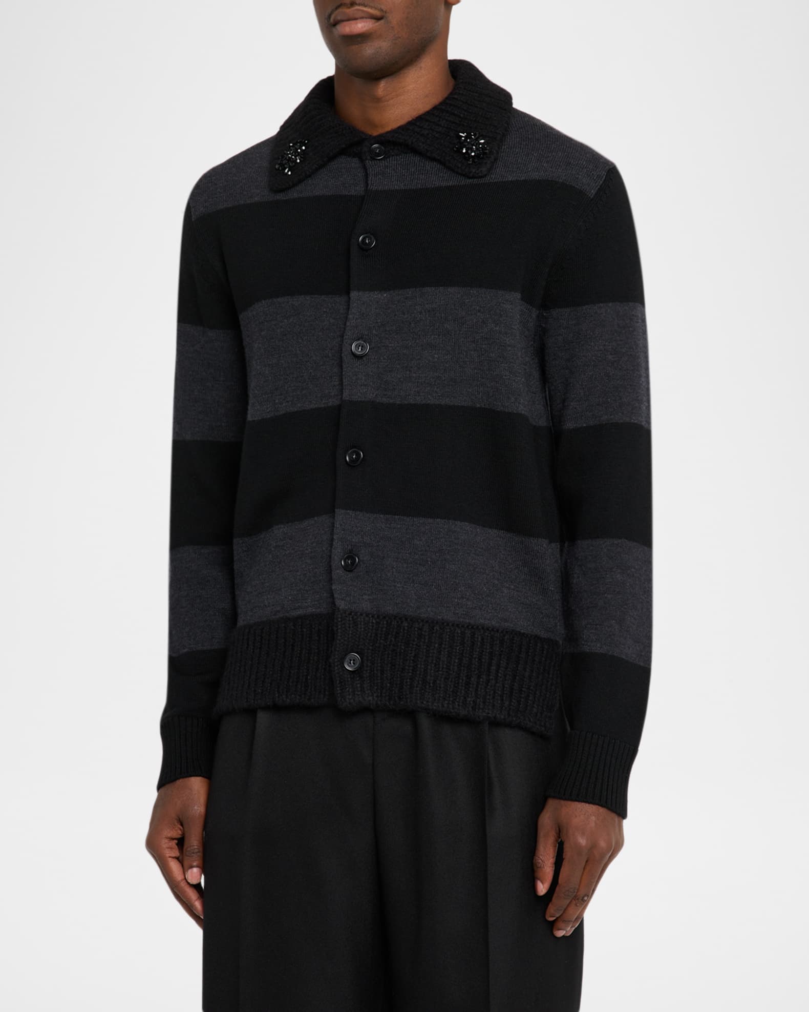 Simone Rocha Men's Embellished Fuzzy Collar Rugby Cardigan | Neiman Marcus