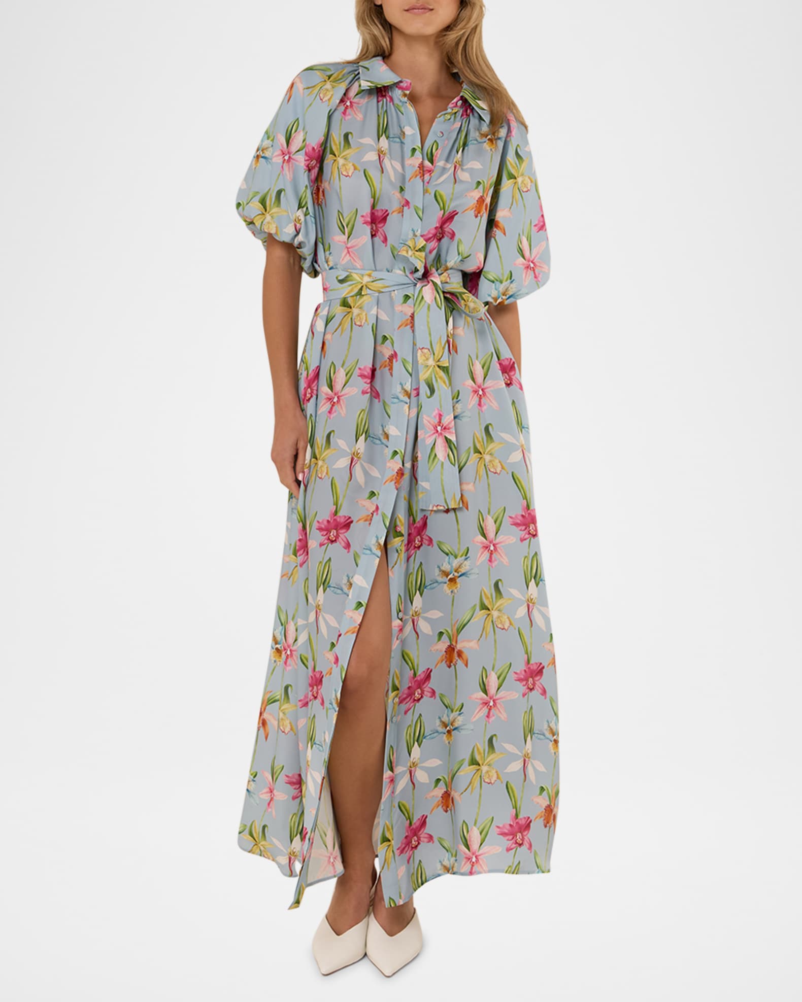 PALM NOOSA Carla Floral-Print Viscose Maxi Shirtdress | Neiman Marcus