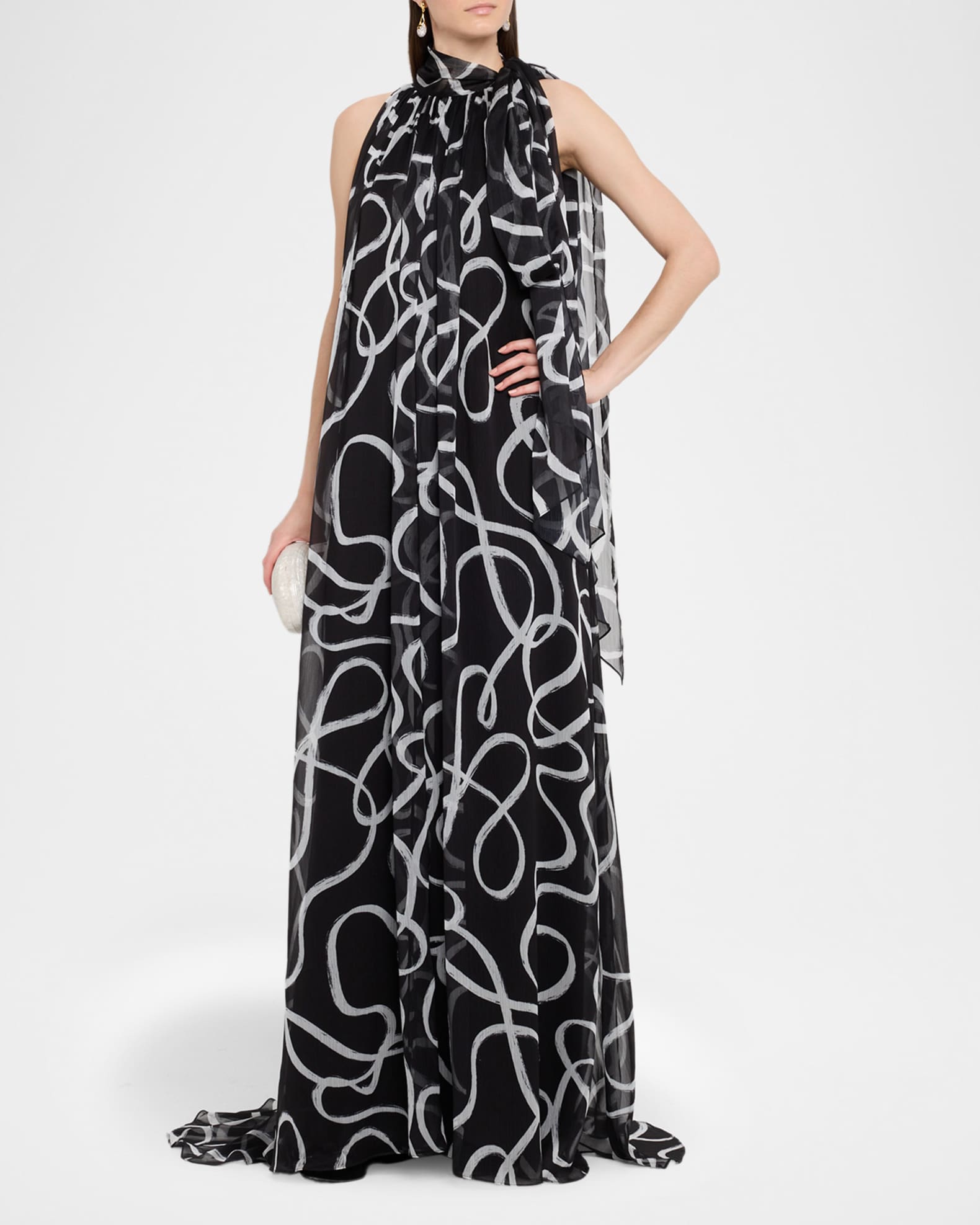 Halston Lyle Brushstroke-Print Chiffon Halter Gown | Neiman Marcus