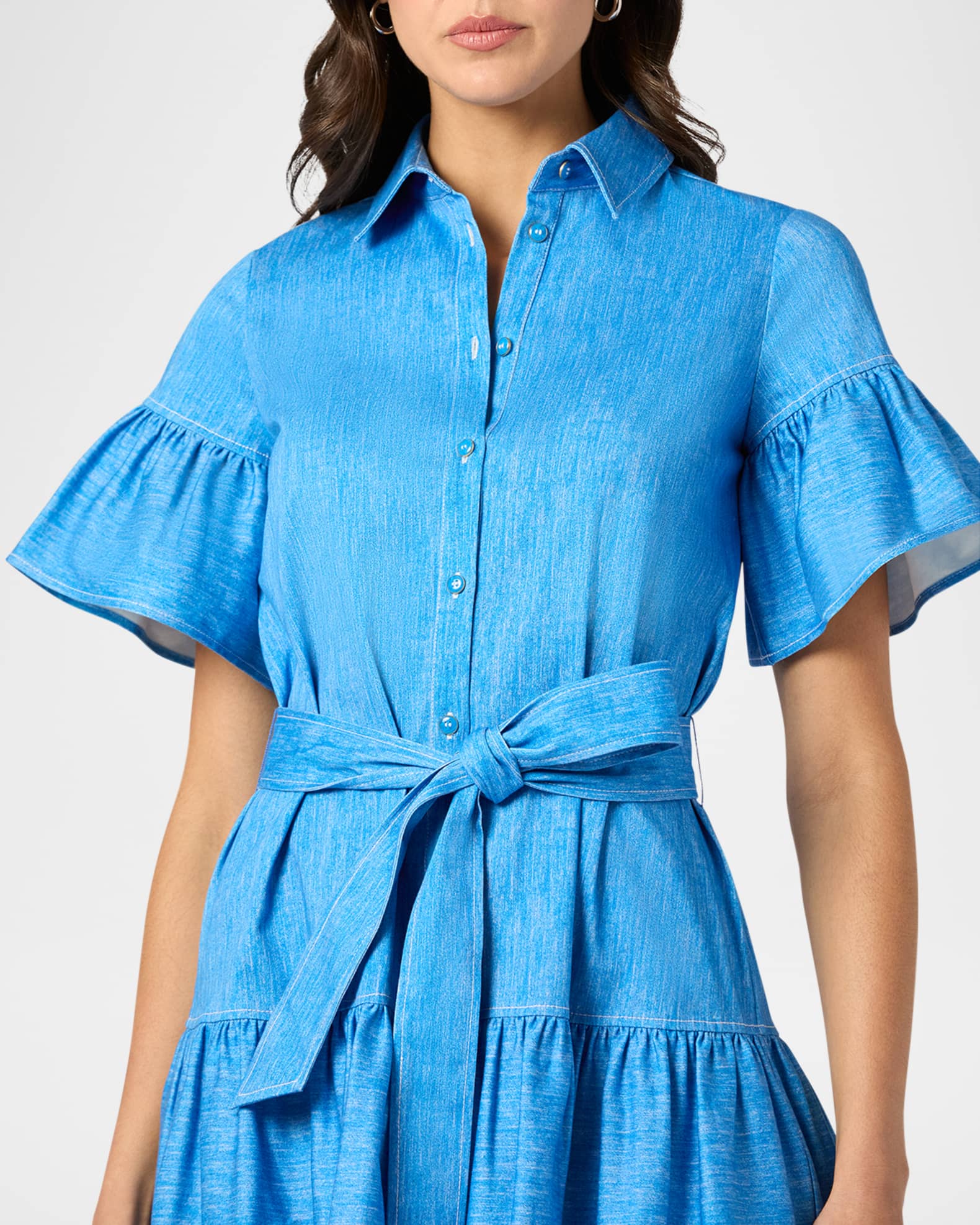Shoshanna Lima Flouce Ruffle Button-Down Mini Dress | Neiman Marcus