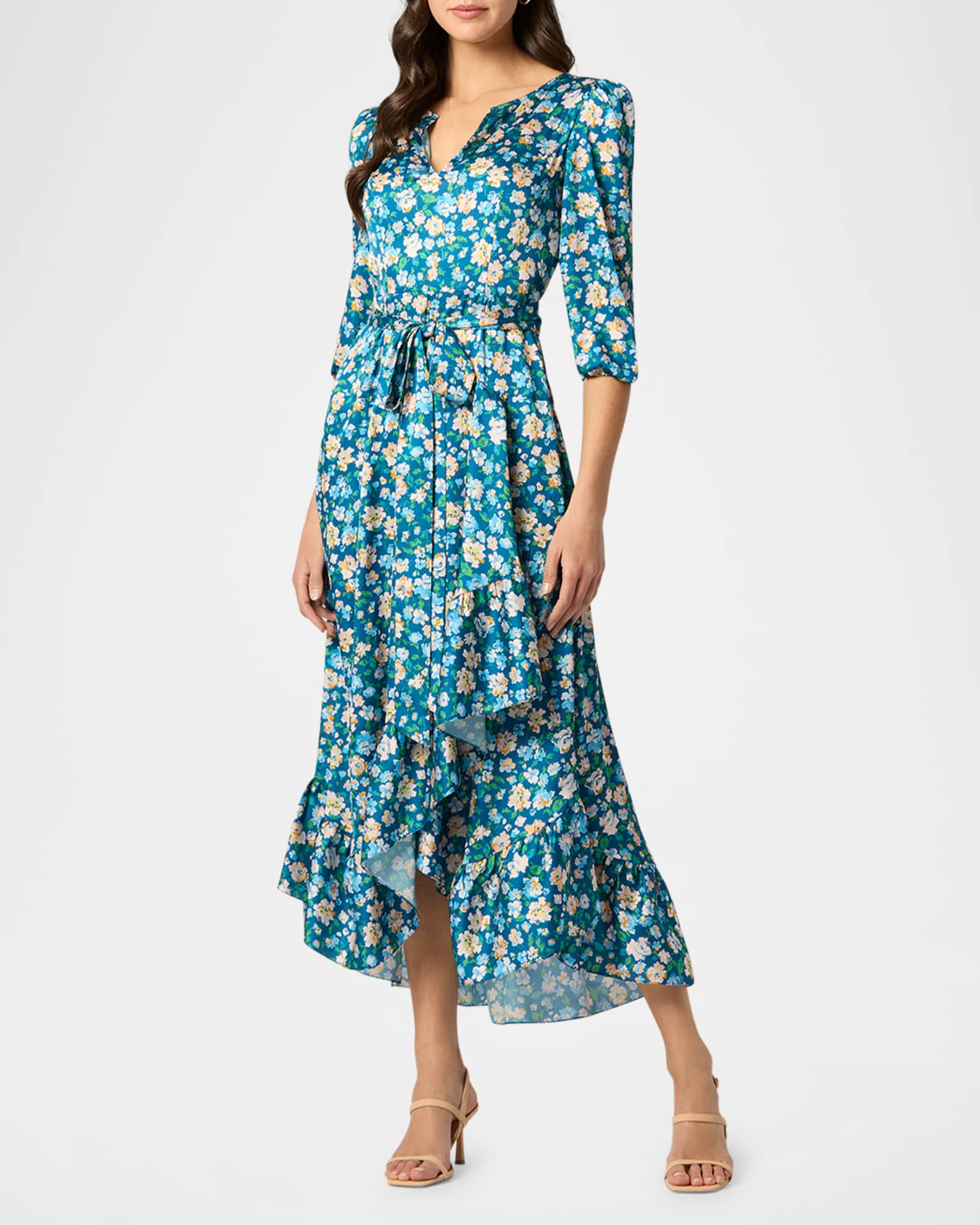 Shoshanna Lia Ruffle Floral-Print Midi Dress | Neiman Marcus