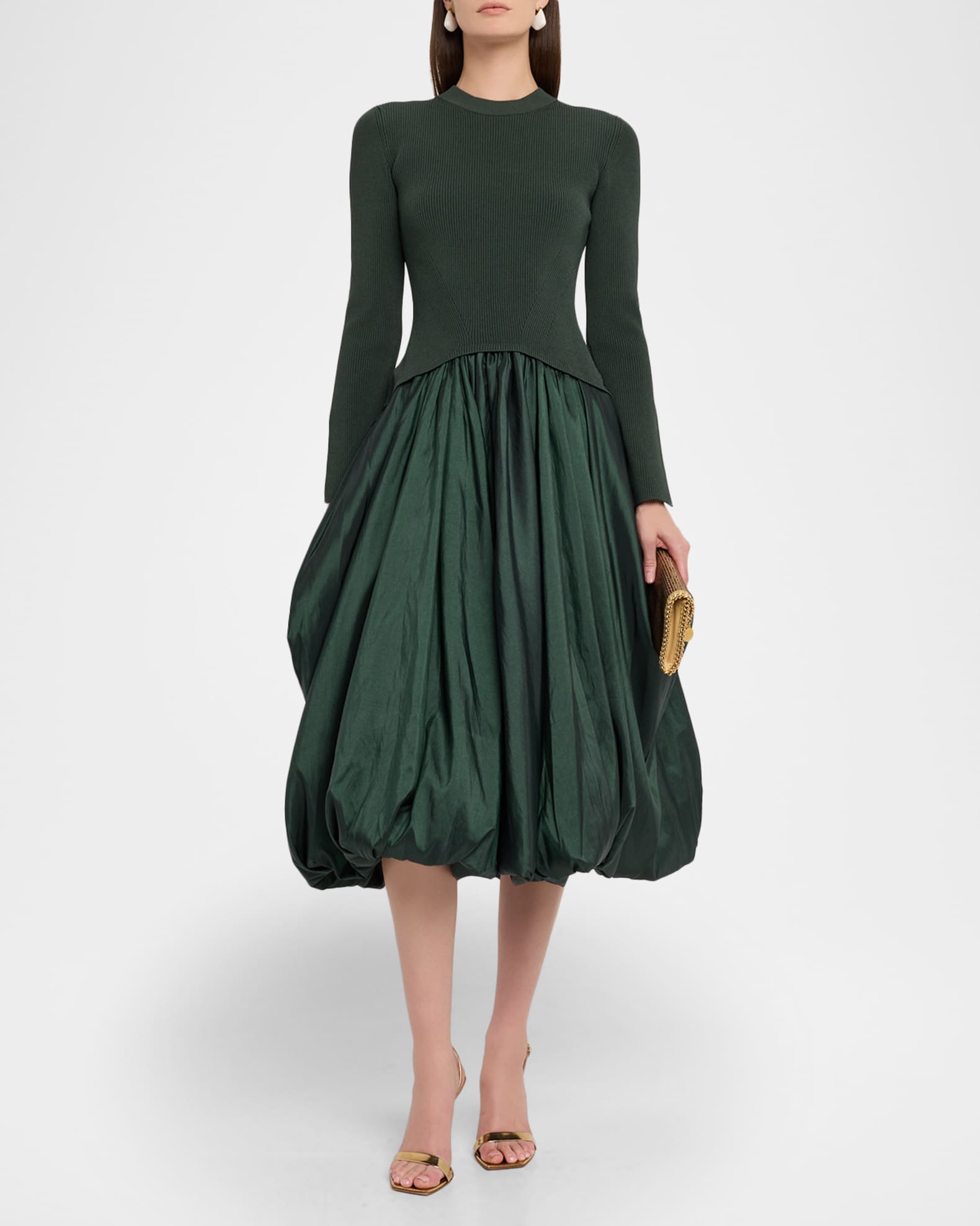 SIMKHAI Kenlie Pleated Mixed Media Midi Dress | Neiman Marcus