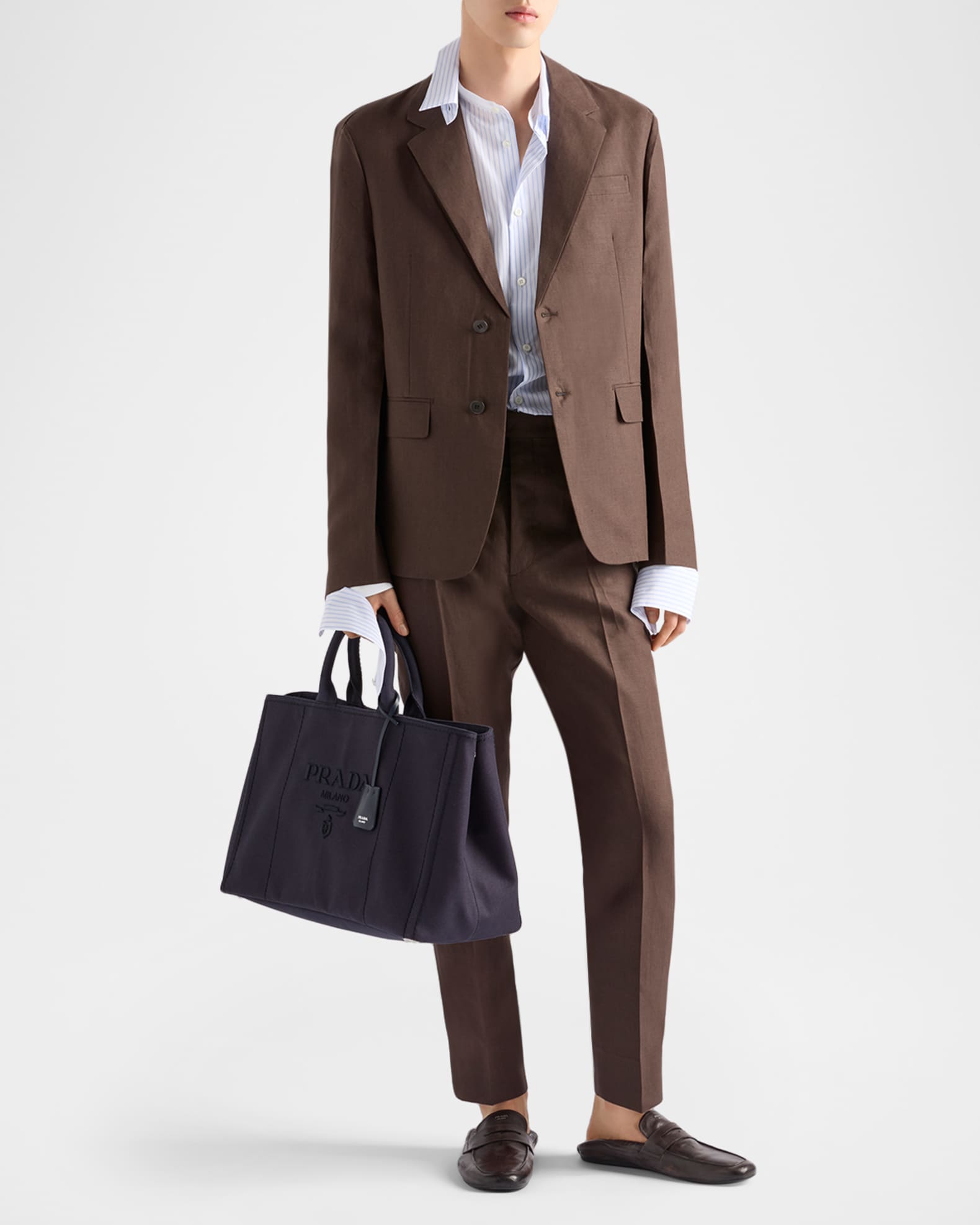 Prada Striped Cotton Shirt With Double Collar | Neiman Marcus