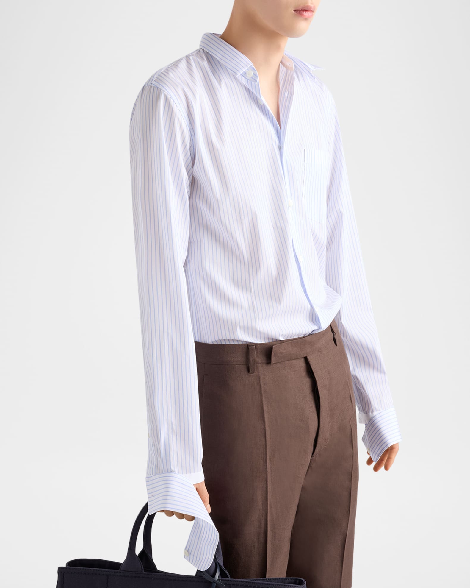 Prada Striped Cotton Shirt With Double Collar | Neiman Marcus
