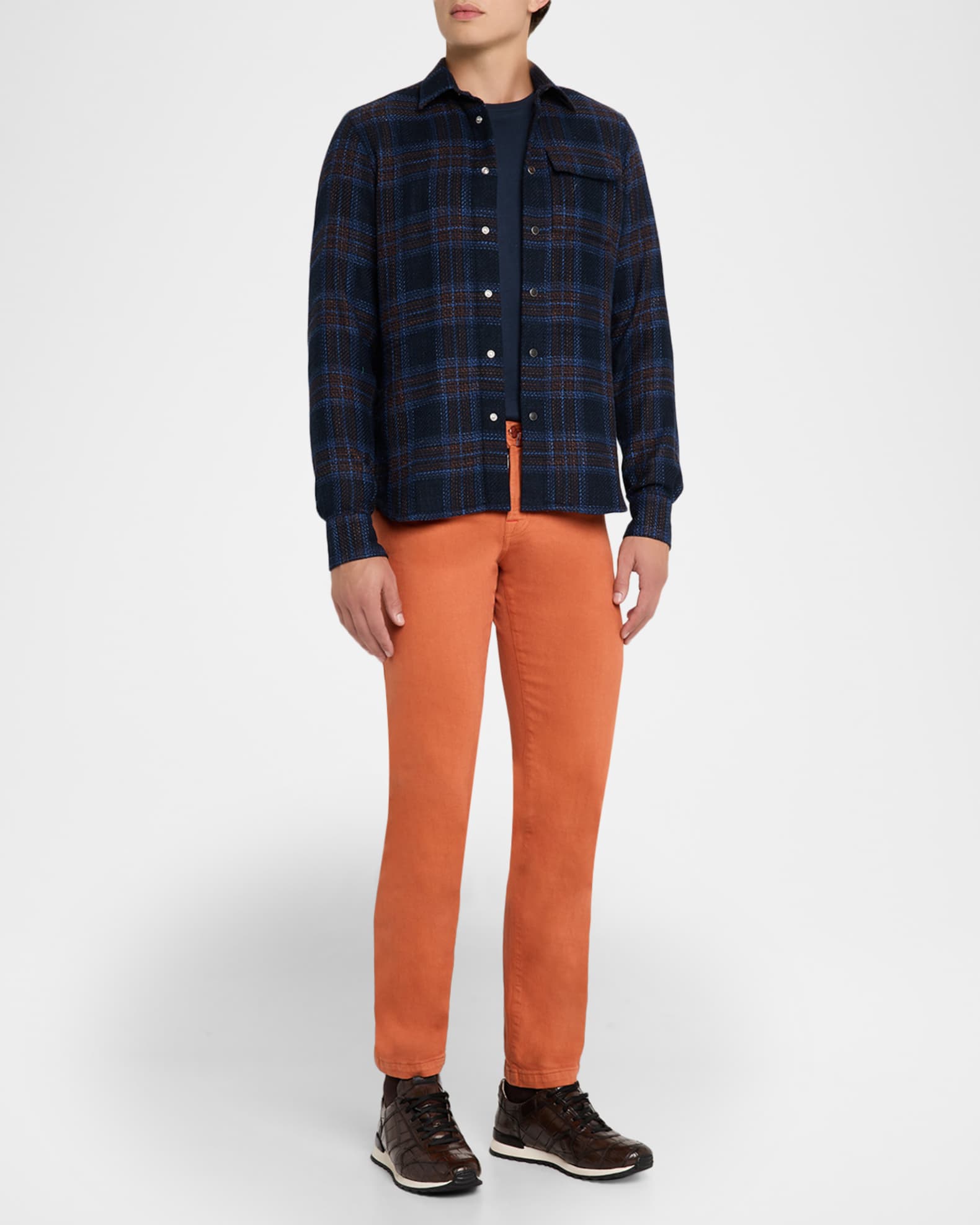 Kiton Men's Wool-Blend Plaid Snap-Front Overshirt | Neiman Marcus