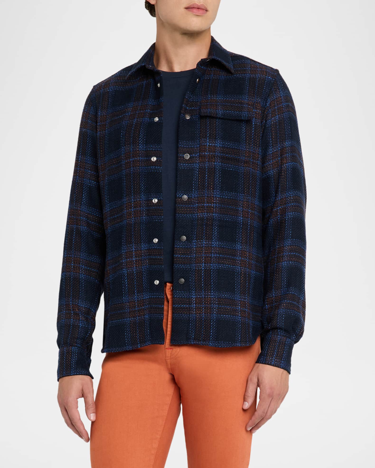 Kiton Men's Wool-Blend Plaid Snap-Front Overshirt | Neiman Marcus