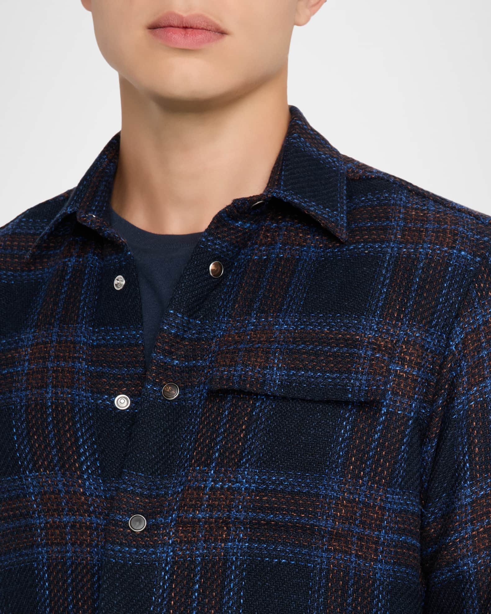 Kiton Men's Wool-Blend Plaid Snap-Front Overshirt | Neiman Marcus