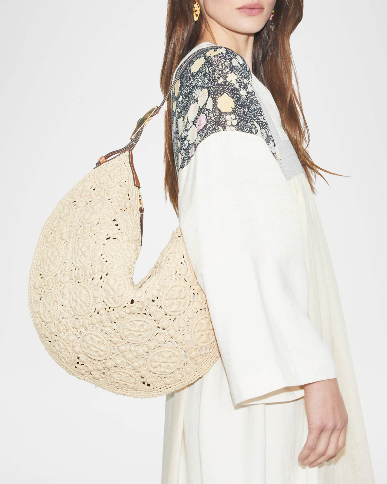 Tory Burch T Monogram Raffia Balloon Bag | Neiman Marcus